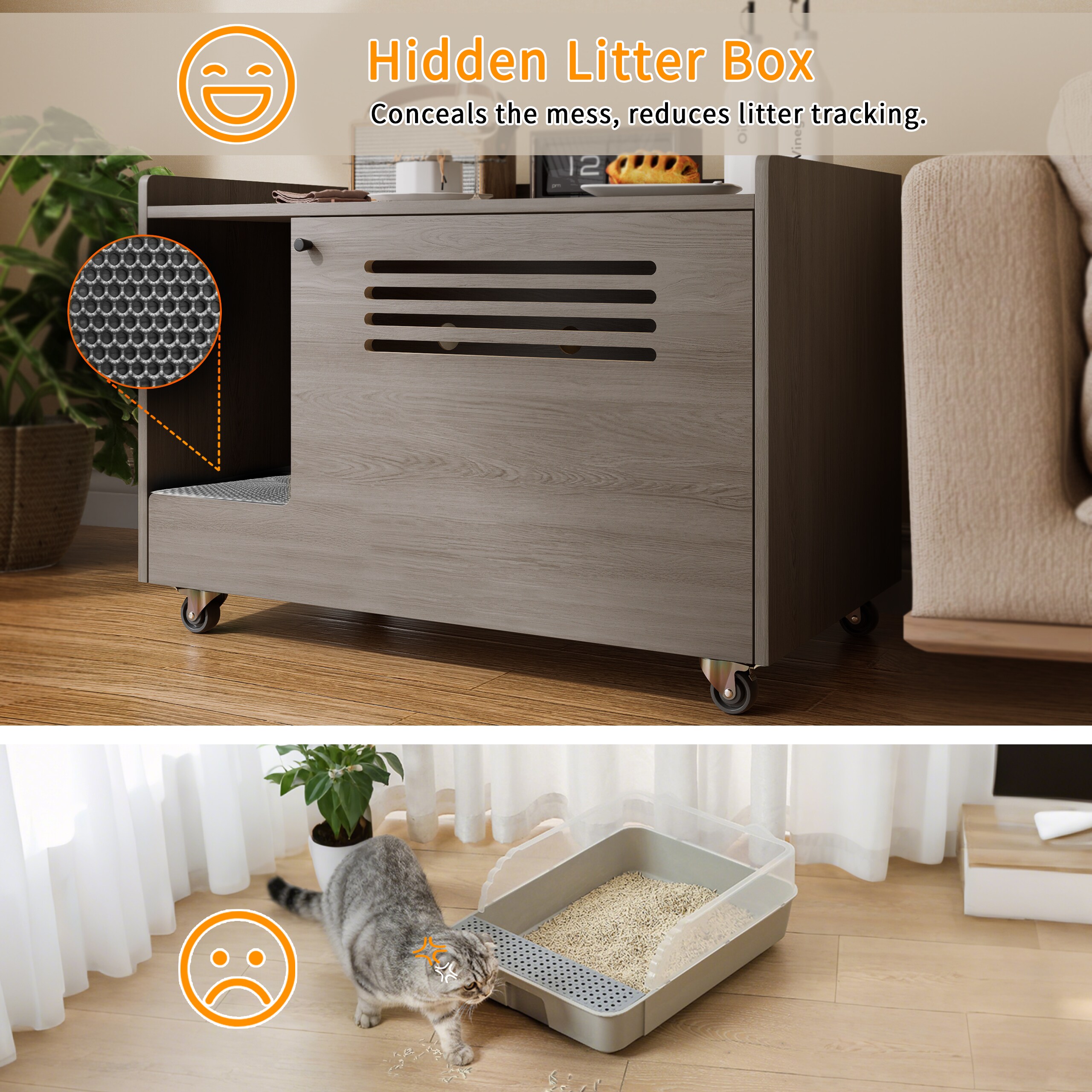 LUXEYARD Gray Cat Litter Box Enclosure Hidden Litter Box Furniture with ...