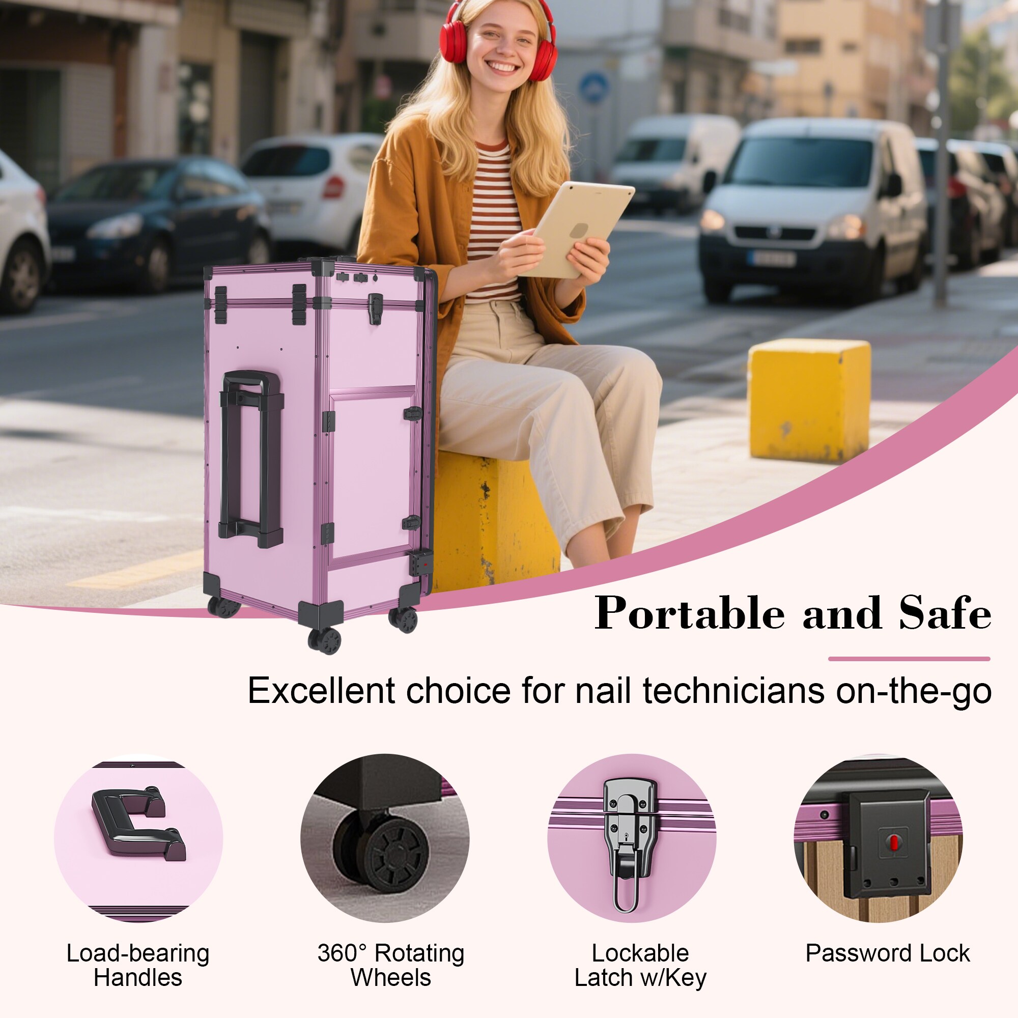 LUXEYARD Portable Nail Art Table LED Mirror Bluetooth Lockable Drawers ...