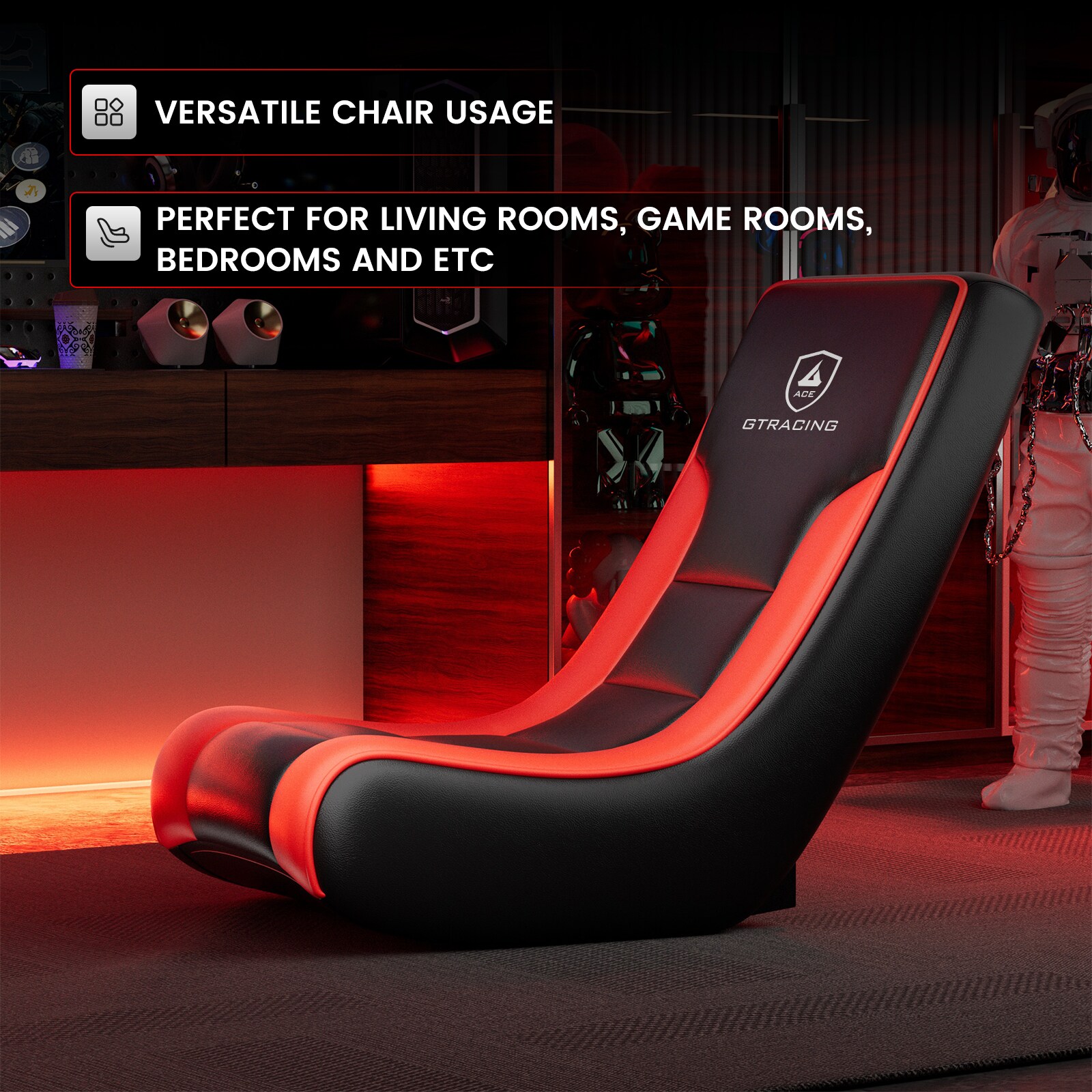 GTPLAYER Red Gaming Chair Faux Leather Gaming Floor Rocker Chair in the ...