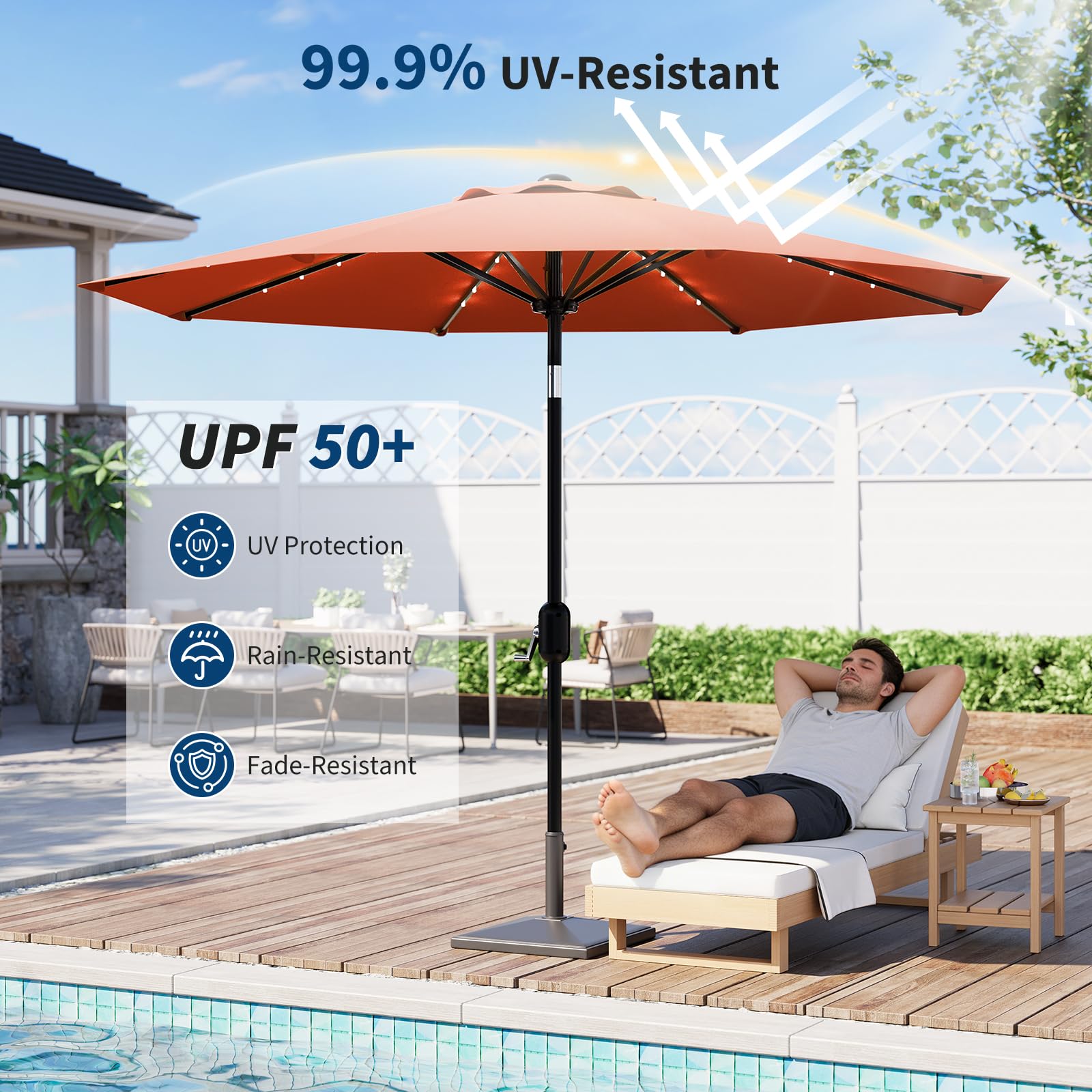 Garvee 10 ft Solar Powered Steel Patio Umbrella with 32 LED Lights and ...