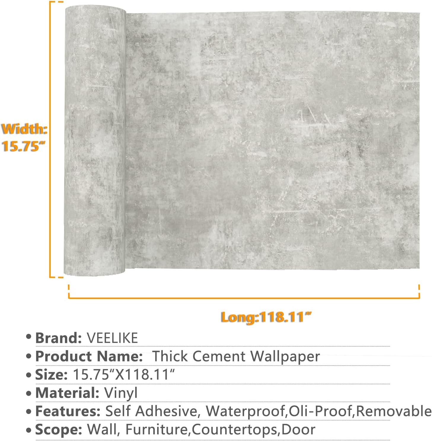 VEELIKE 15.7x118 Concrete Wallpaper Peel and Stick Textured Limewash ...