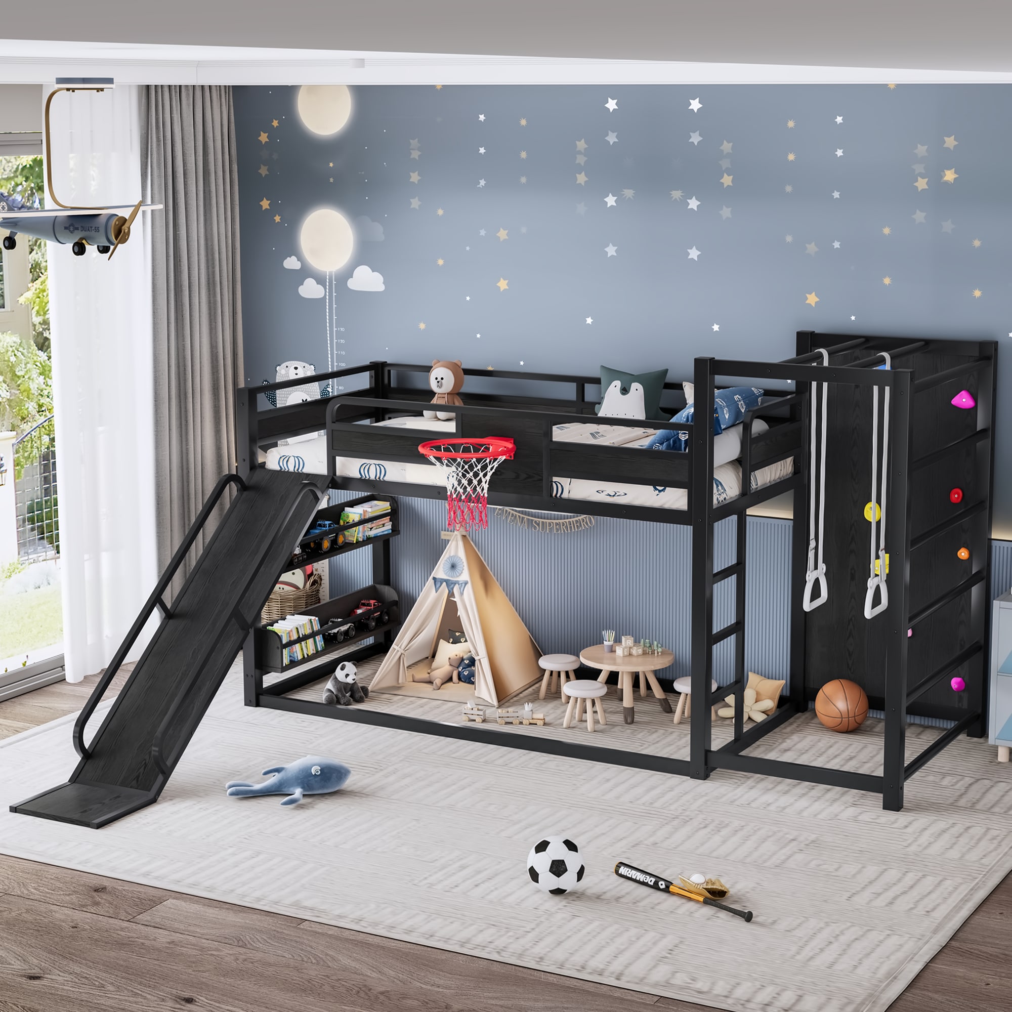 LUXEYARD Twin Xl Size Metal Loft Bunk Bed with Basketball Hoop Pull Up ...