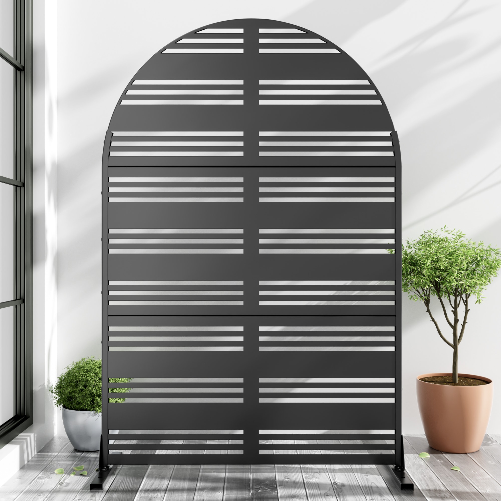 Wooakway Black 72-in W x 47-in H Arched-Top Metal Outdoor Privacy ...