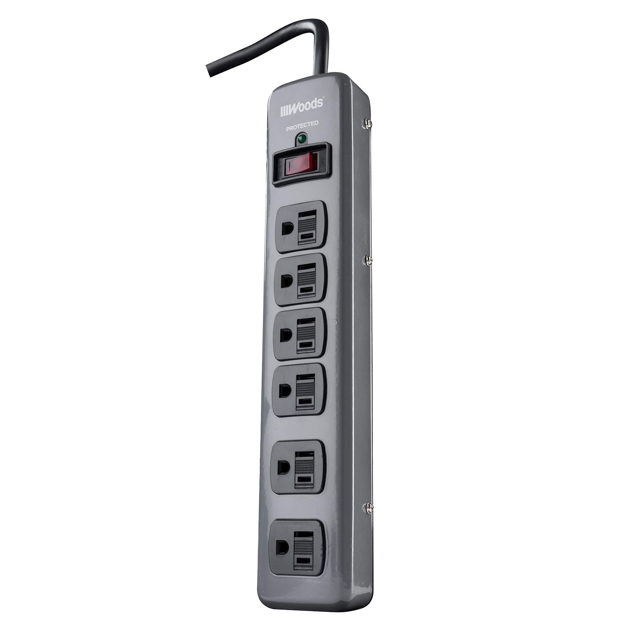 Woods 41546 Dark Gray Metal Surge Protector with 6 Outlets and Lighted ...