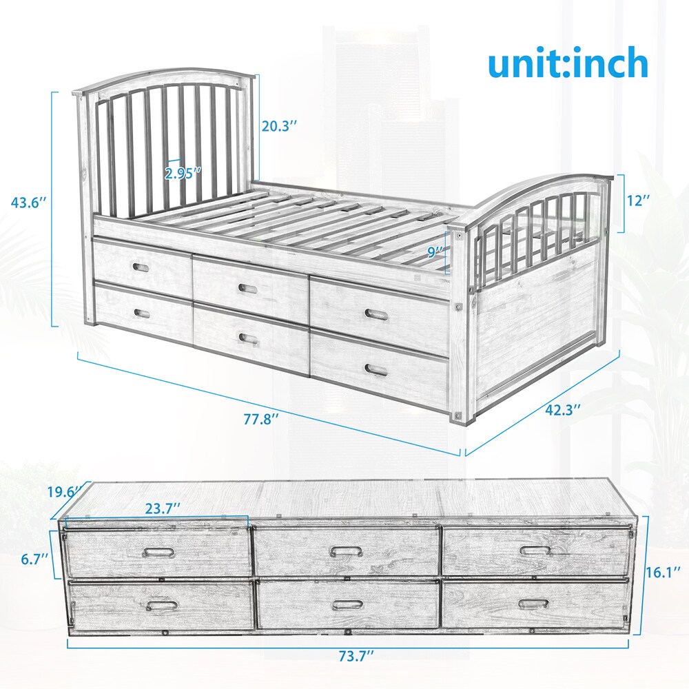 Watnature Twin Size Platform Storage Bed Solid Wood with 6 Drawers in ...