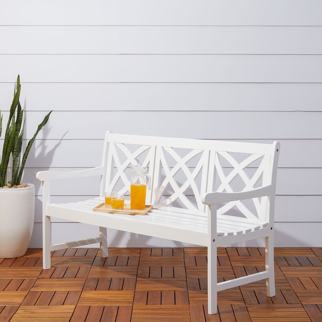 VIFAH VIFAH Bradley 57-in W x 34-in H White Acacia Traditional Bench in ... VIFAH VIFAH Bradley 57-in W x 34-in H White Acacia Traditional Bench in ...