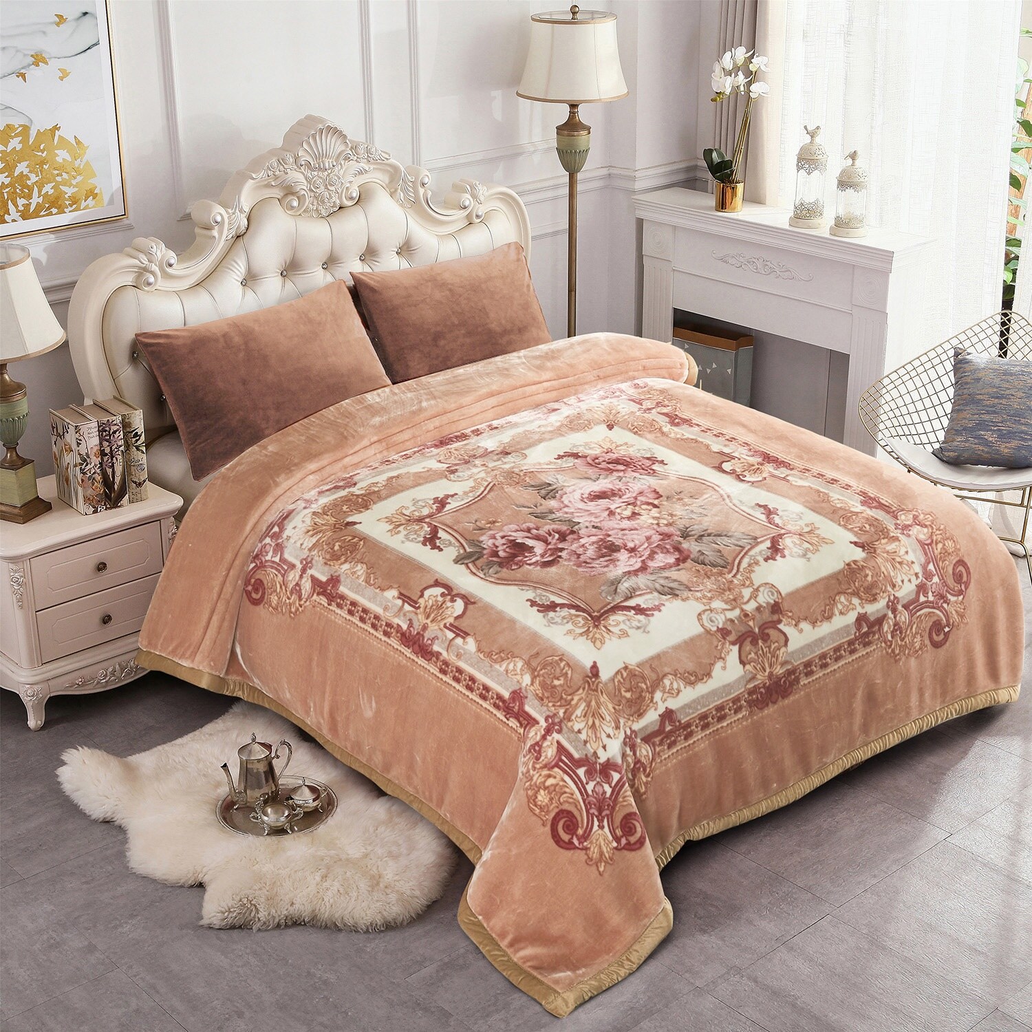 JML Camel Floral 2 Ply Reversible Fleece Mink 10 lbs Winter Blanket at ...