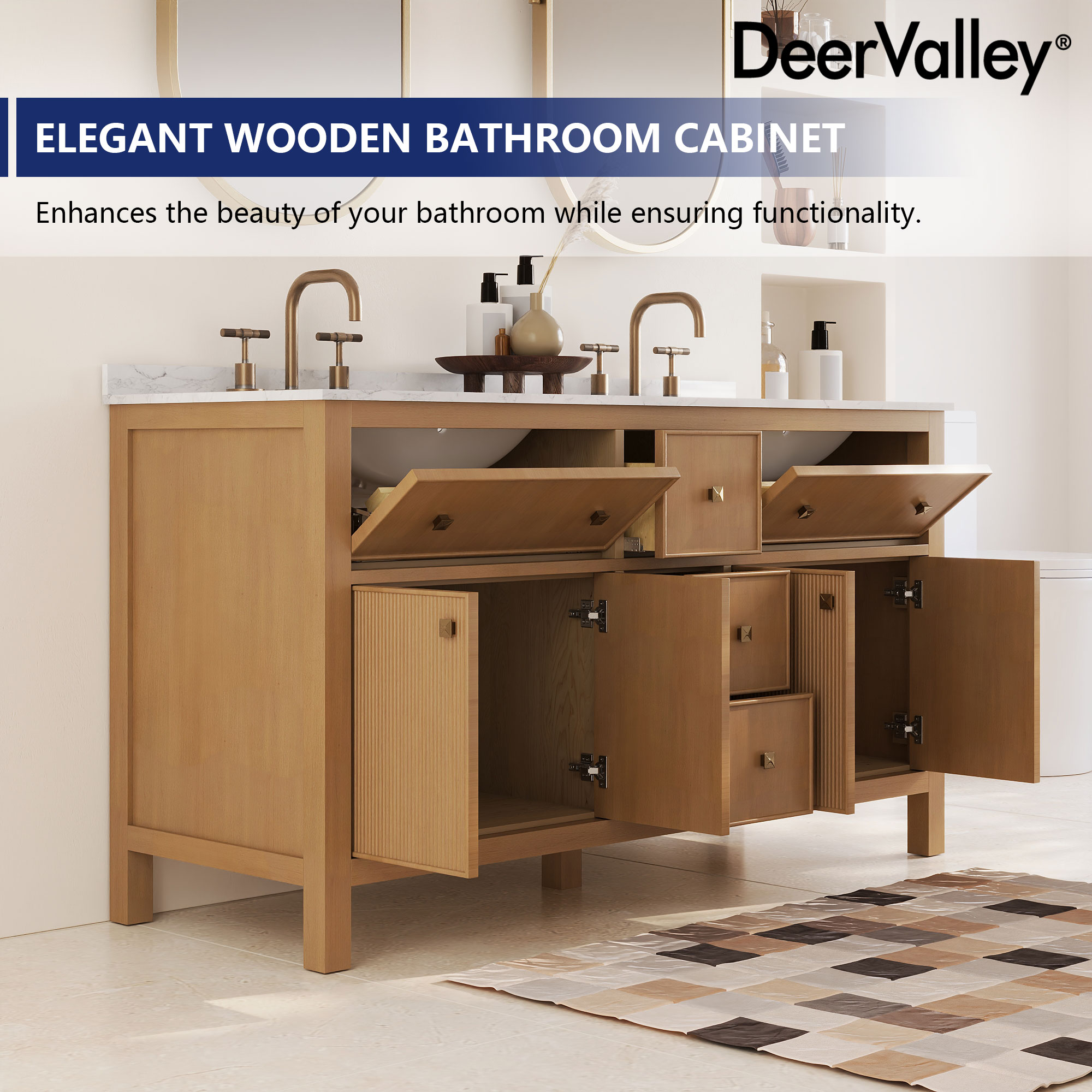 DeerValley 60-in Walnut Undermount Double Sink Bathroom Vanity with ...