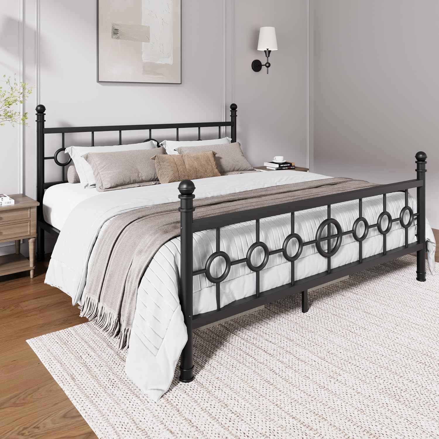 GAOMON King size iron platform bed frame vintage round headboard and ...