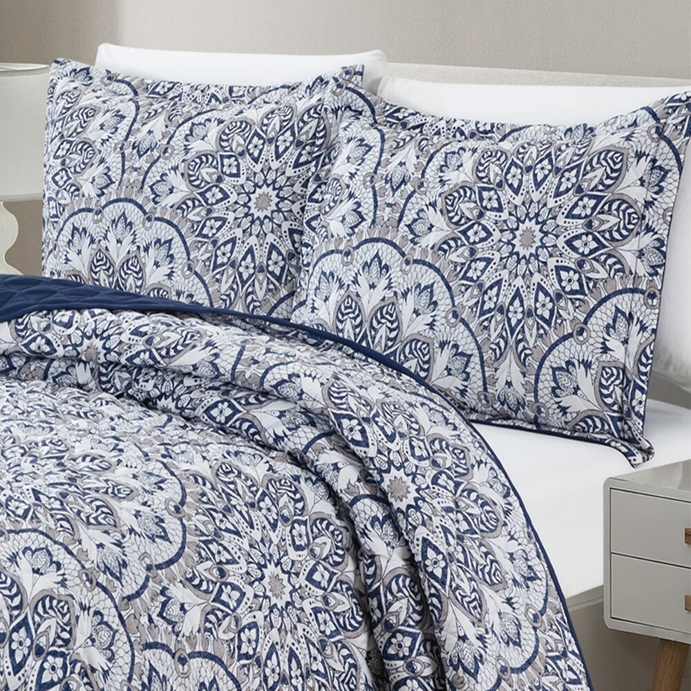 Bibb Home 3 Piece Reversible Quilt Set Navy Medallion Multi Reversible ...