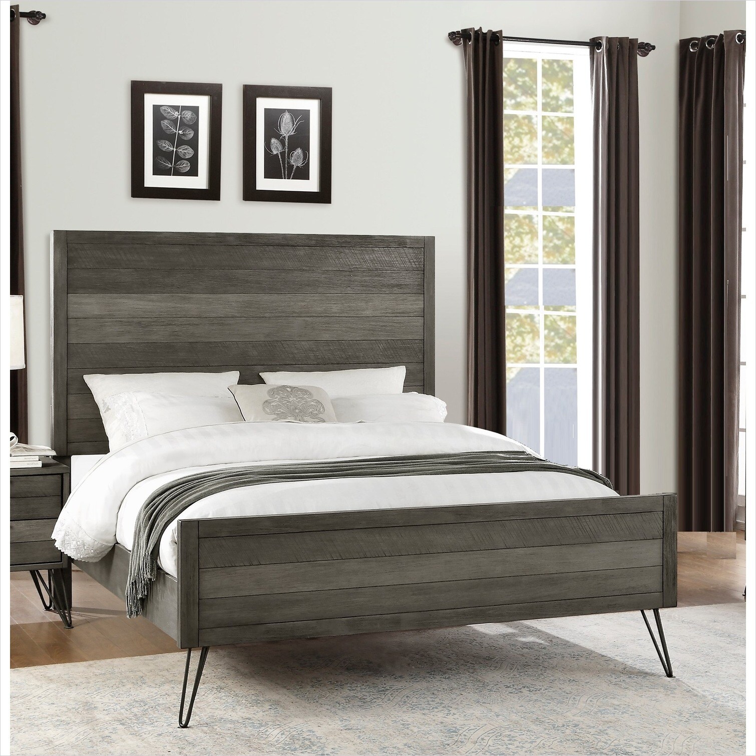 Watnature Classic Gray Full Bed with Slat Paneling and Metal Legs in ...