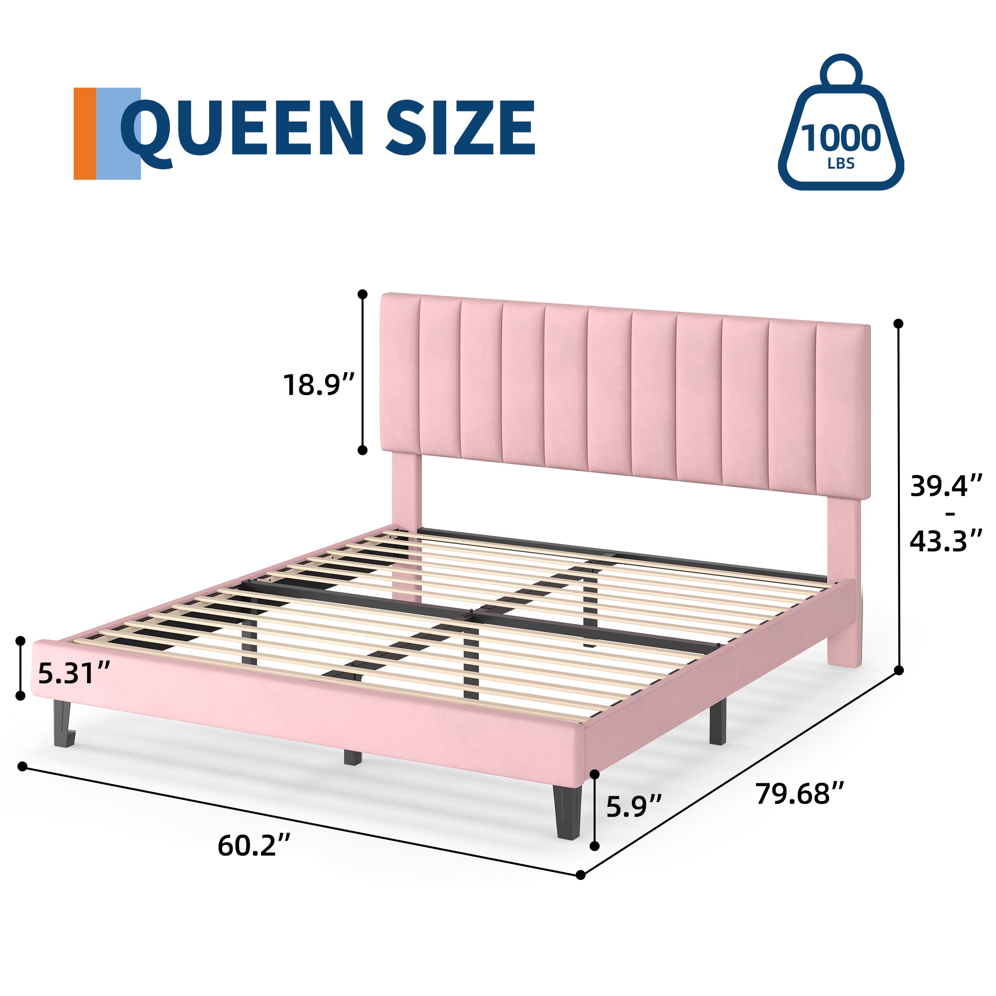 Garvee Pink Queen Size Suede Upholstered Platform Bed Frame Adjustable ...