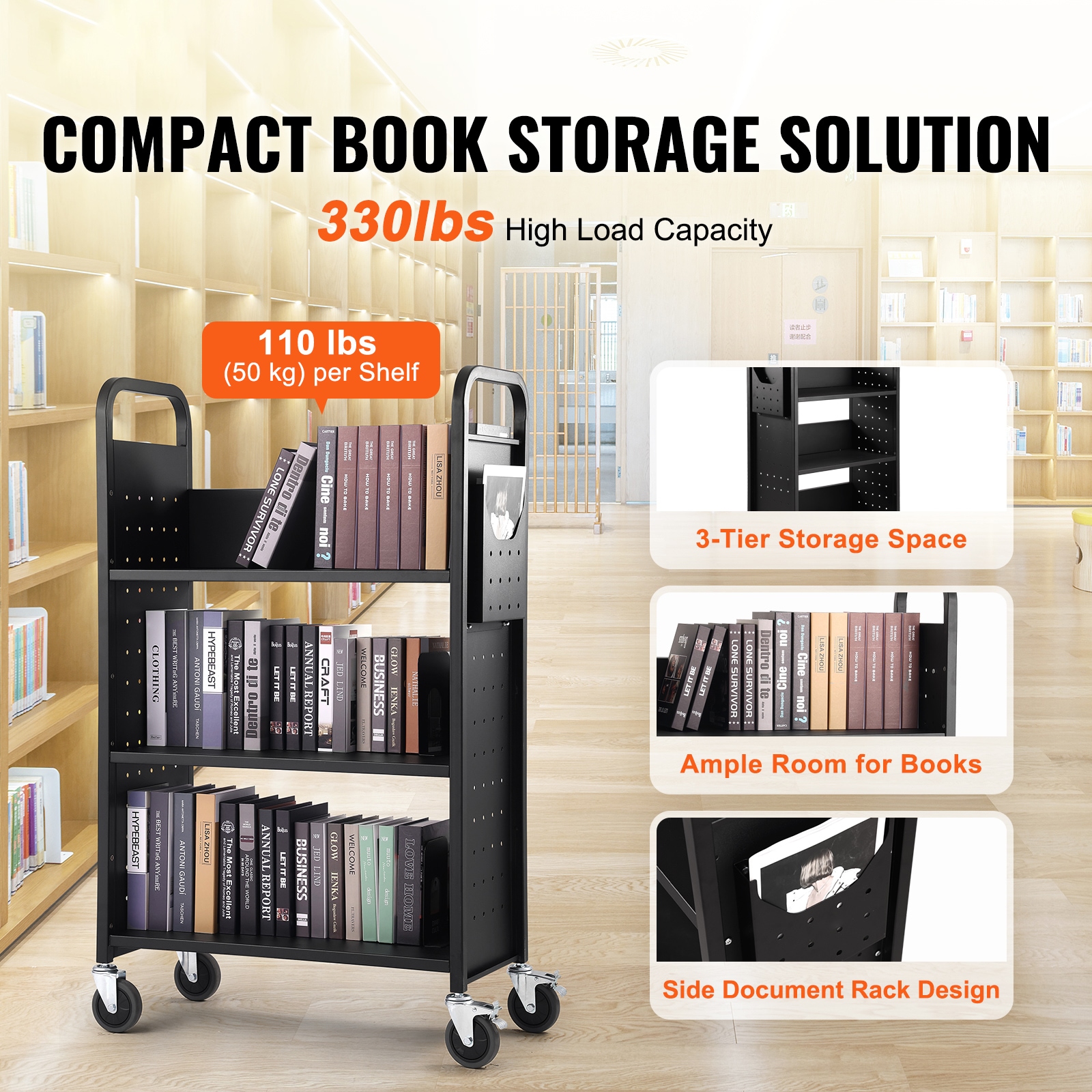 VEVOR Book Cart 330 lbs Library Cart 31.1 in x 15.2 in x 49.2 in ...