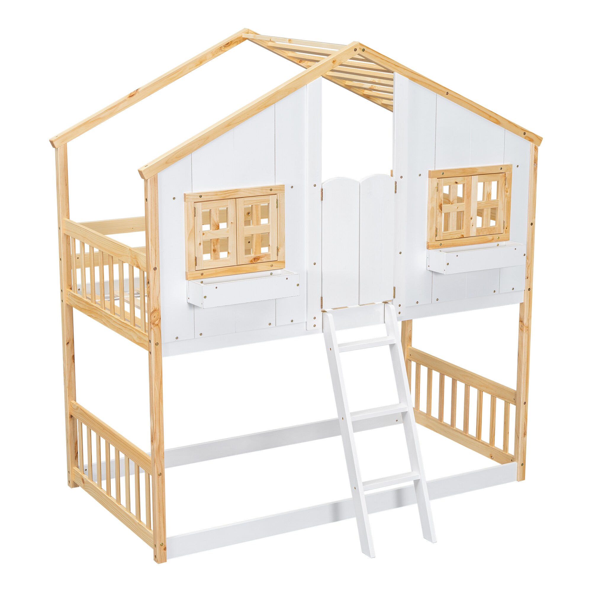 Qualler Twin over Twin House Bunk Bed with Roof Window and Door ...