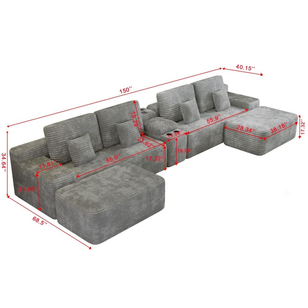 Coolbibila 150-in U-Shaped Sectional Sofa with Ottomans and Console 5 ...
