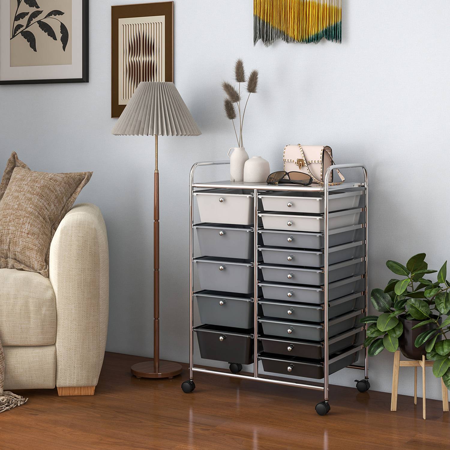 Costway 15 Drawer Rolling Storage Cart Tools Scrapbook Paper Office ...