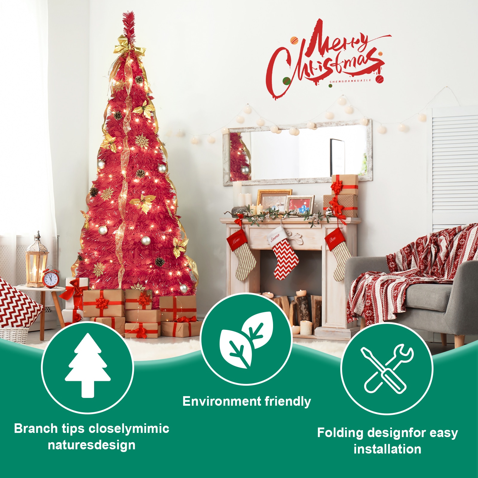 Huluwat YXJ 6FT Red Pop Up Christmas Tree with 150 Warm White LED ...