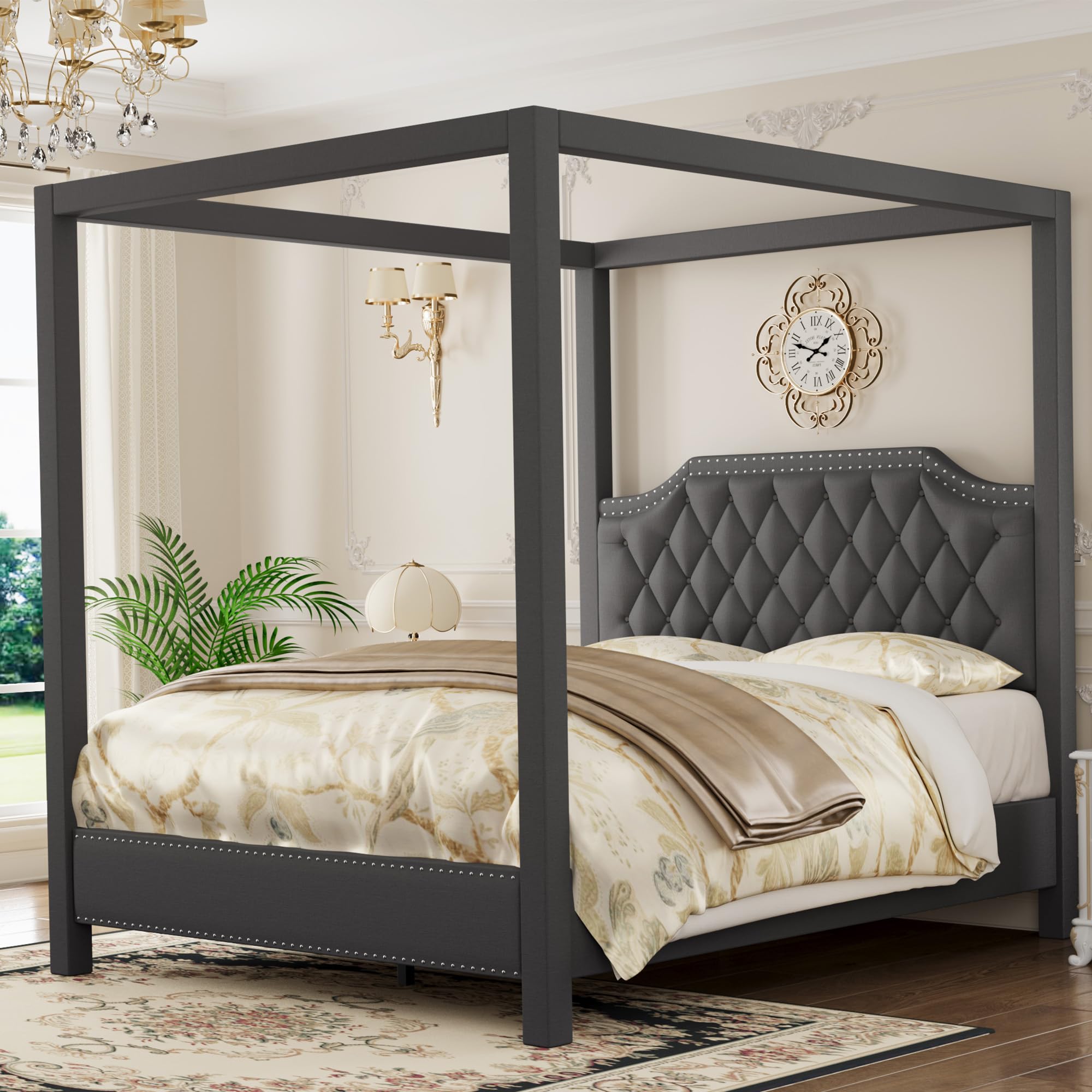 GarveeLife Upholstered Canopy Bed Frame Full Size with Headboard Button ...