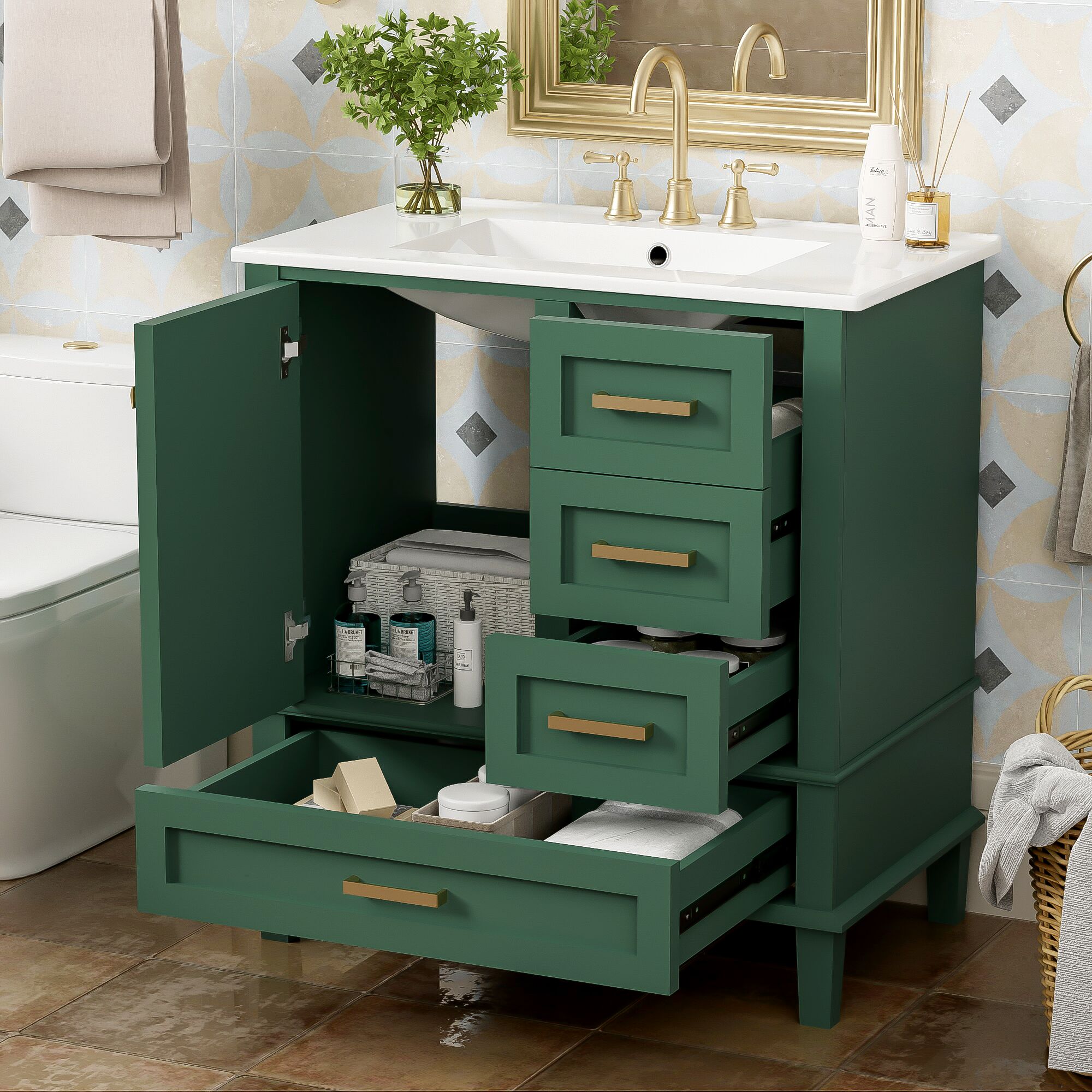 Tatayosi 30inches Bathroom Vanity in Green Modern Bathroom Cabinet with ...