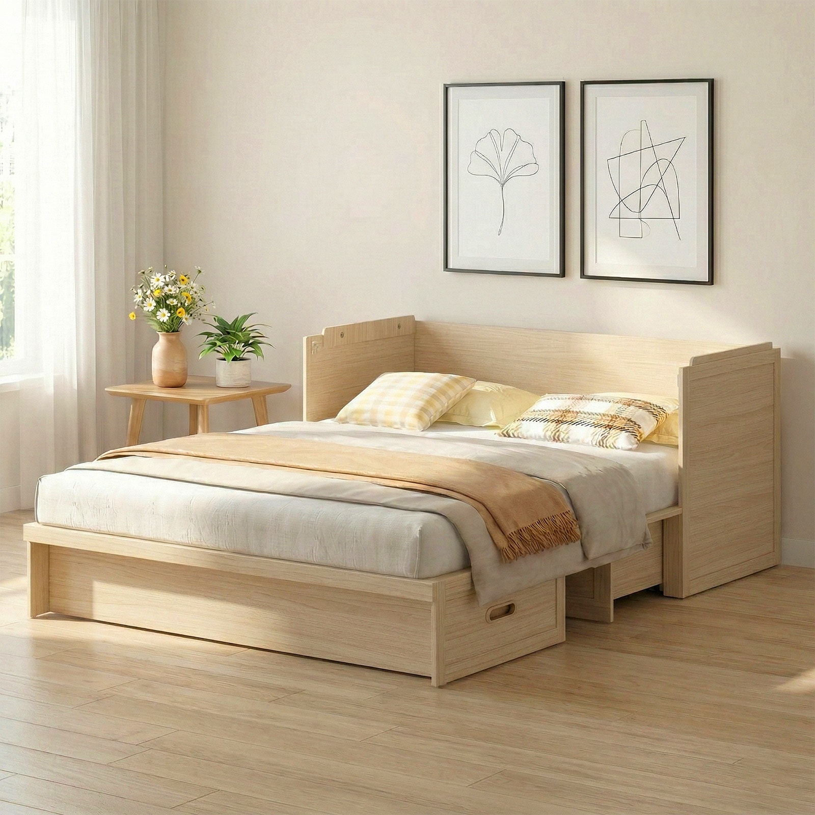 Mjkone Queen Murphy Bed Cabinet Natural Wood With Memory Foam Mattress ...
