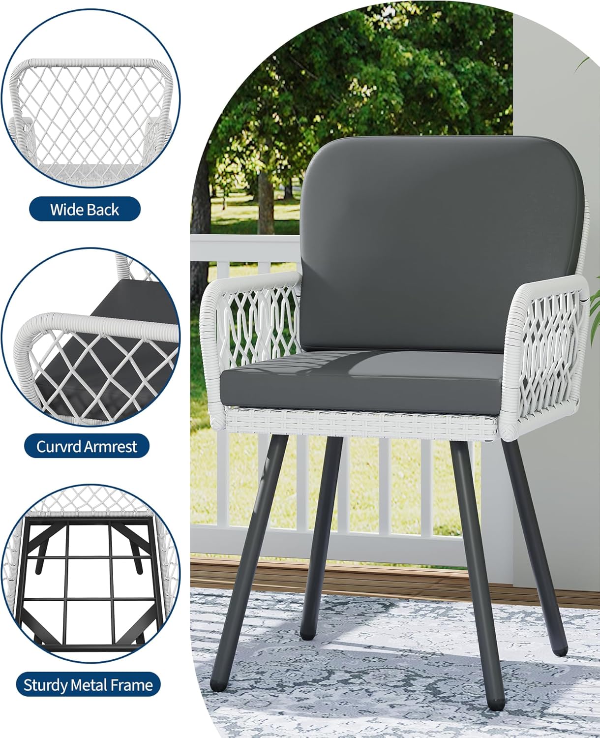 Garvee 2 Piece Patio Dining Chairs Black Metal Frame and White Rattan ...
