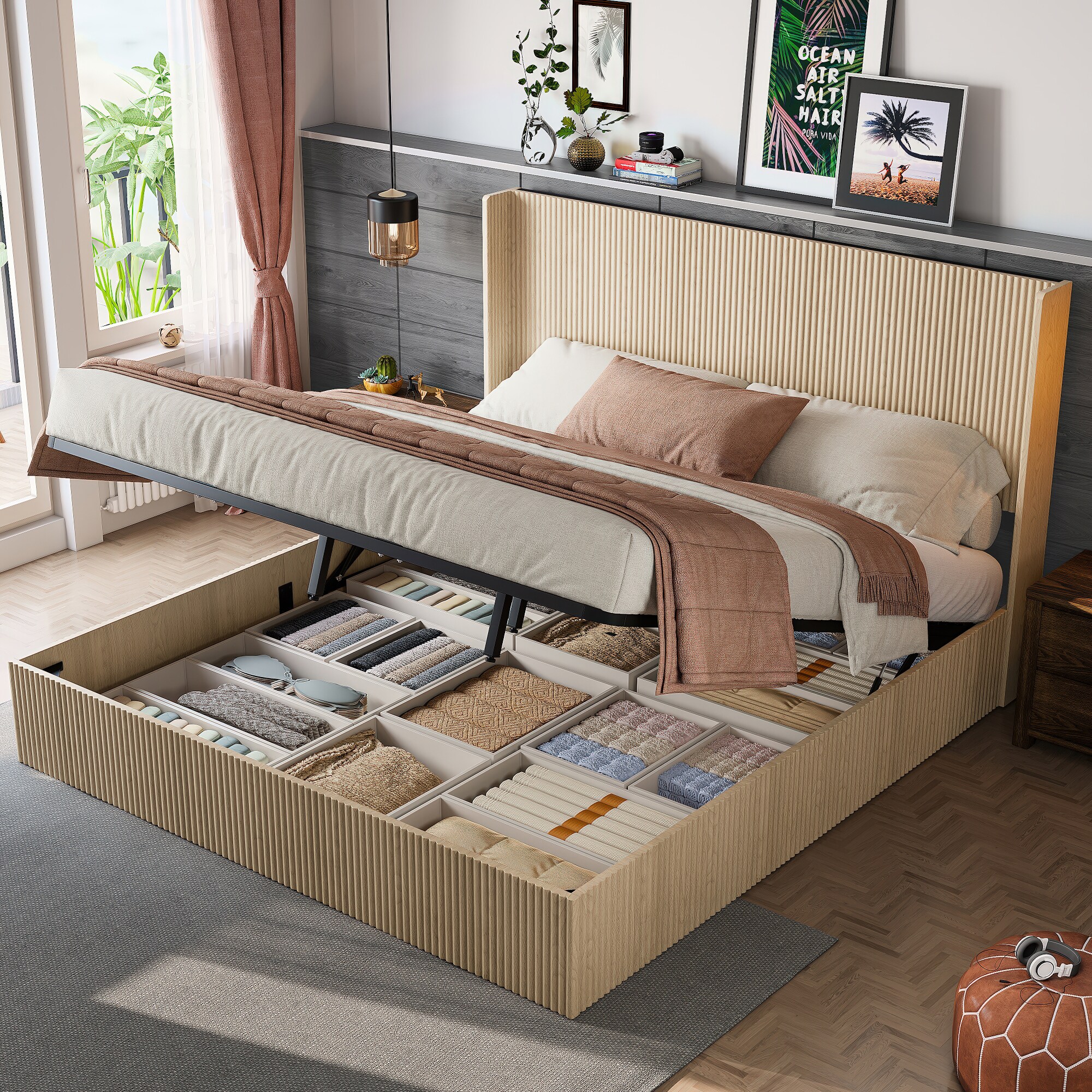 LUXEYARD King concave lift storage wood bed frame large storage no box ...