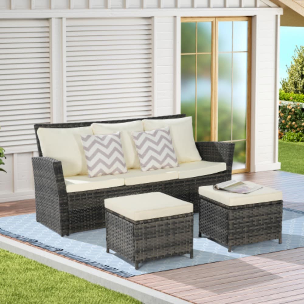Sunrinx 3 -Piece Rattan Patio Sofa Conversation Set with Beige Cushions ...