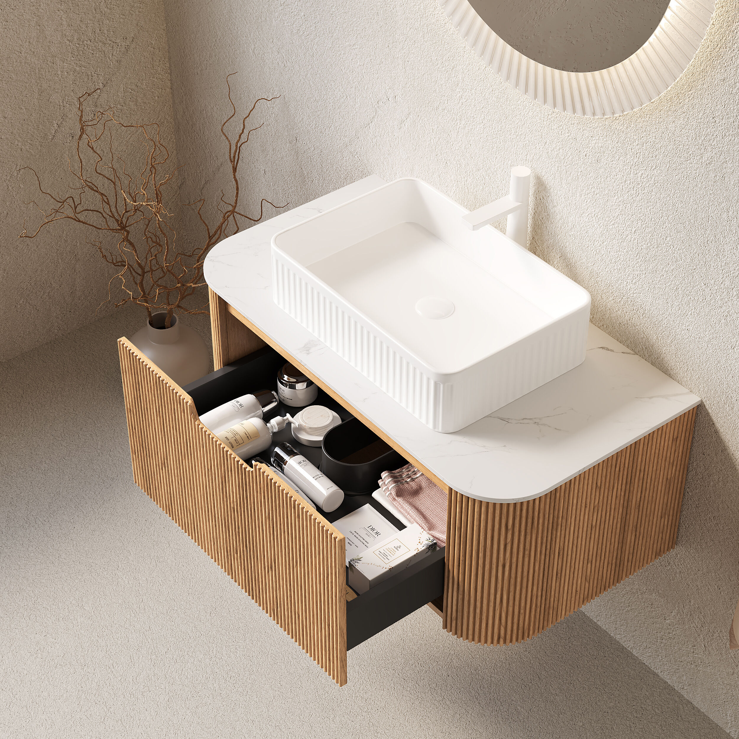 Huluwat 36-Inch Bathroom Vanity with Sink Wall-Mounted Floating Curved ...