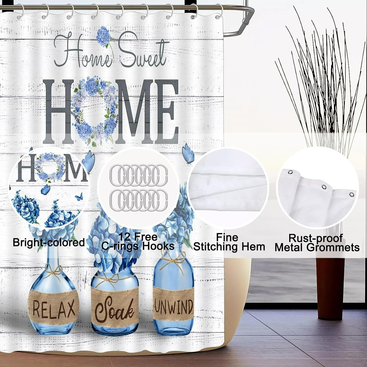 Paradigms Interiors 4 Piece Blue Hydrangea Shower Curtain Set With Rugs ...