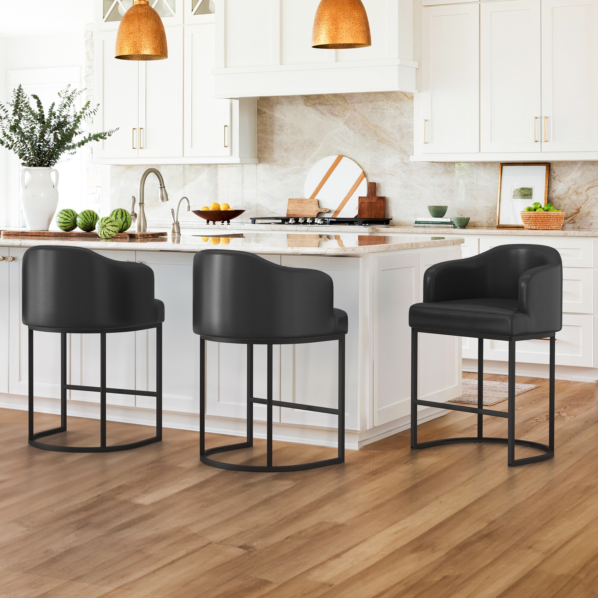 LUE BONA Modern Black 26 in. Set of 3 Bar Stools Upholstered Counter ...