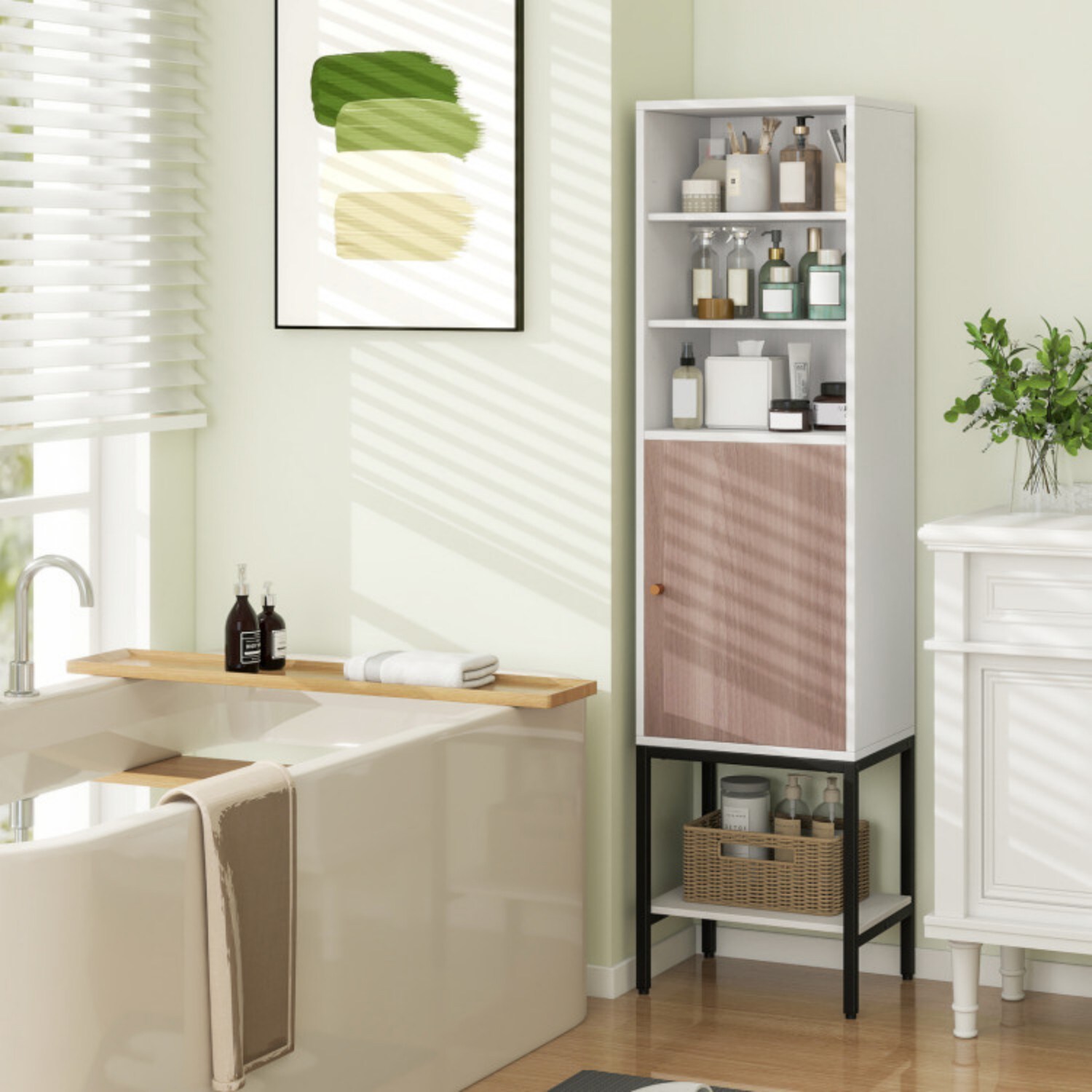 Vanityfus 57 Inch Bathroom Tall Cabinet with 1 Door and 4 Shelves ...