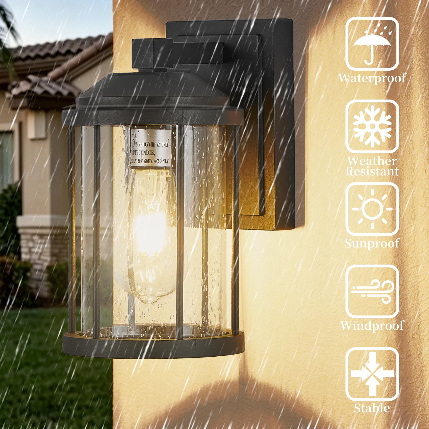 Bayfeve 2-Pack Matte Black Outdoor Wall Sconces With Seeded Glass Shade ...