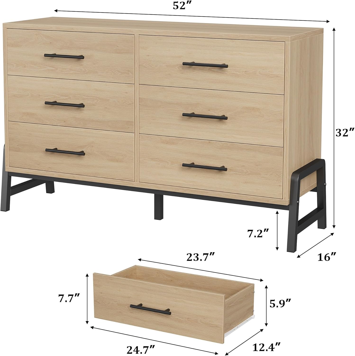 Qeetex Freestanding 52 Inch Wide Wooden Dresser with 6 Large Storage ...