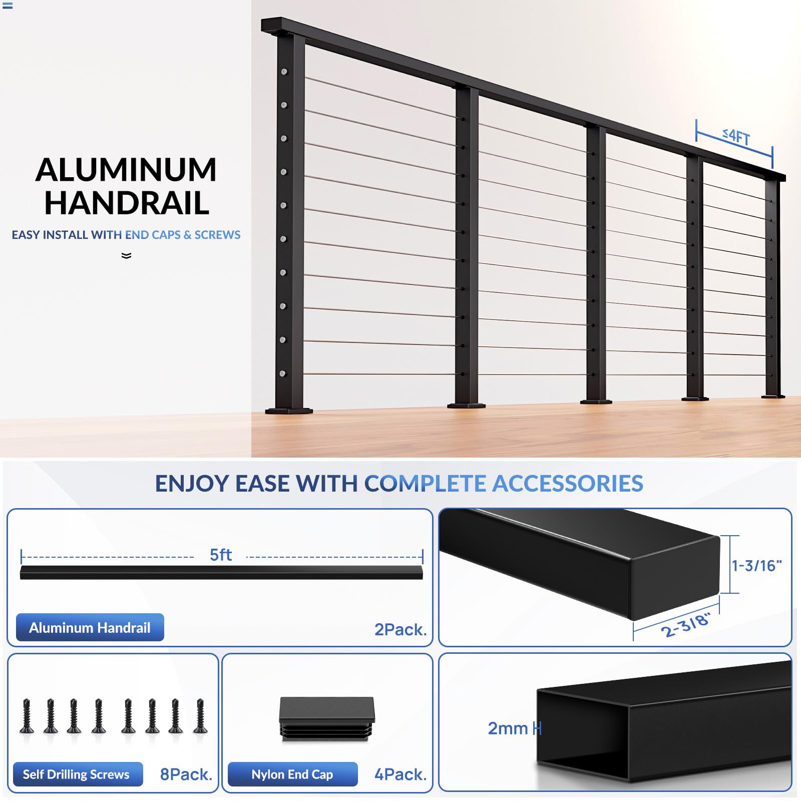 Afoxsos 2 Pack 5 FT x 2-3/8 x 1-3/16 Inch Aluminum Handrail Flat Black ...