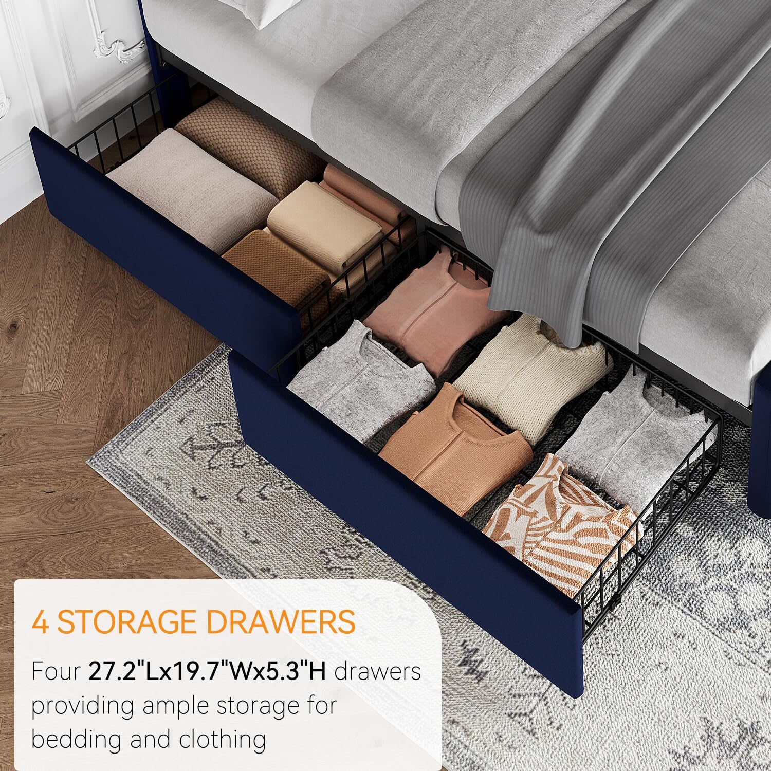Garvee King Blue Bed Frame with 4 Storage Drawers and Headboard Faux ...