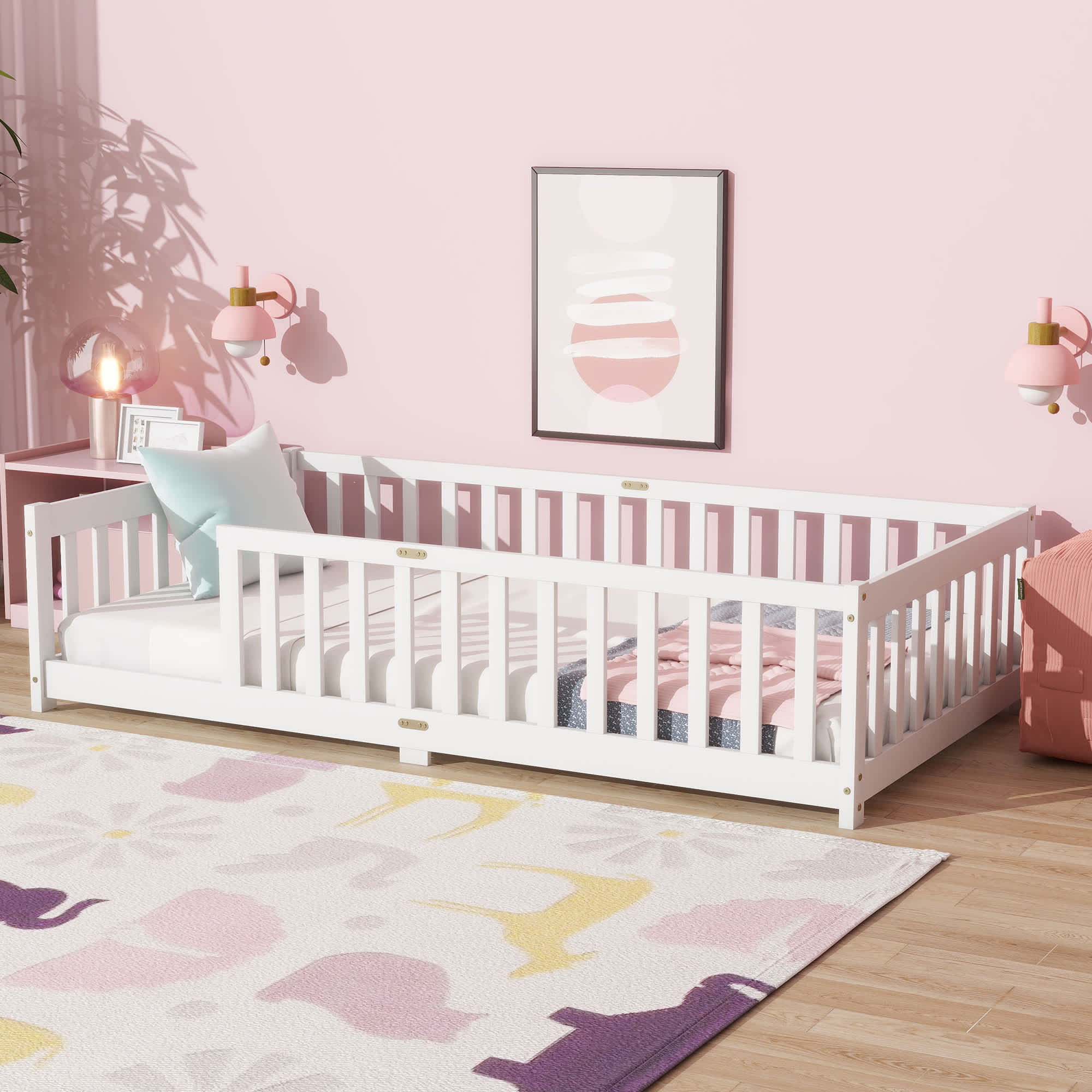 Vynxaria White Rubber Wood Frame Twin Platform Floor Bed with Fence ...