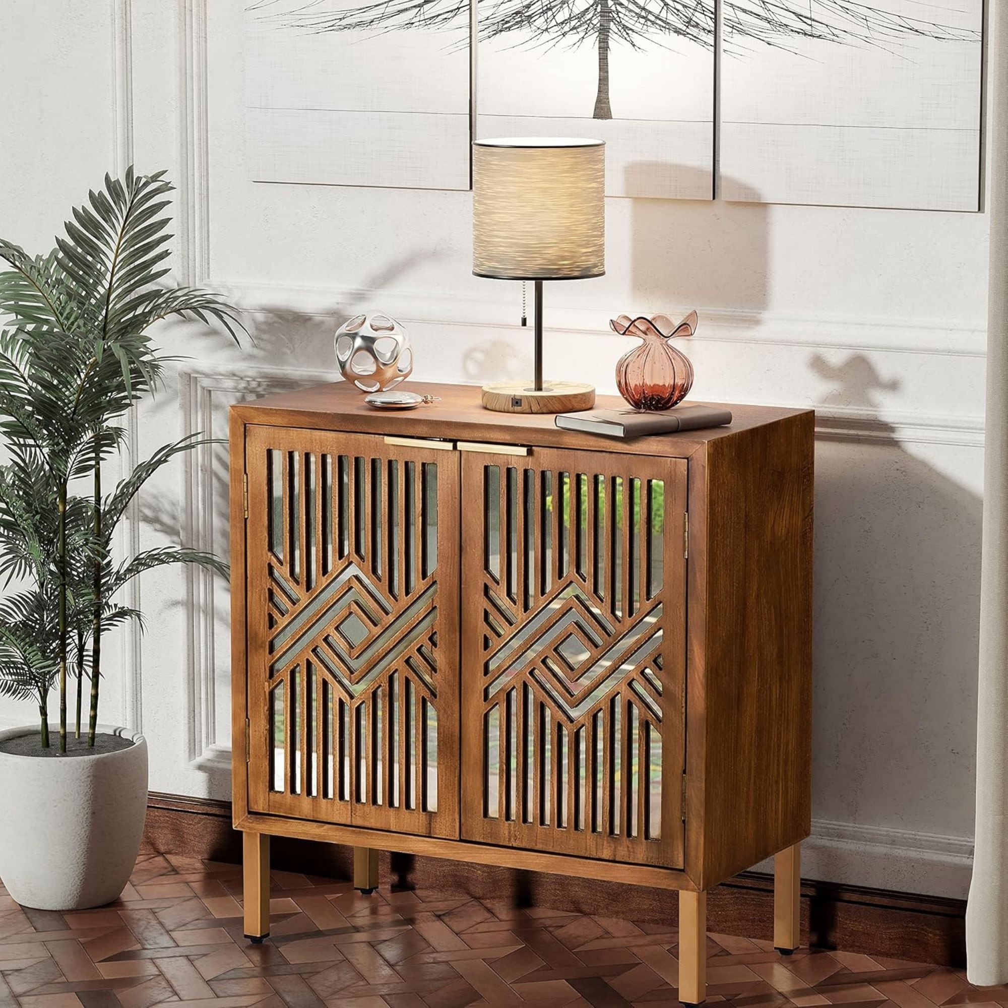 COZAYH 2 Door Modern Accent Cabinet Mirror Front Storage Sideboard ...