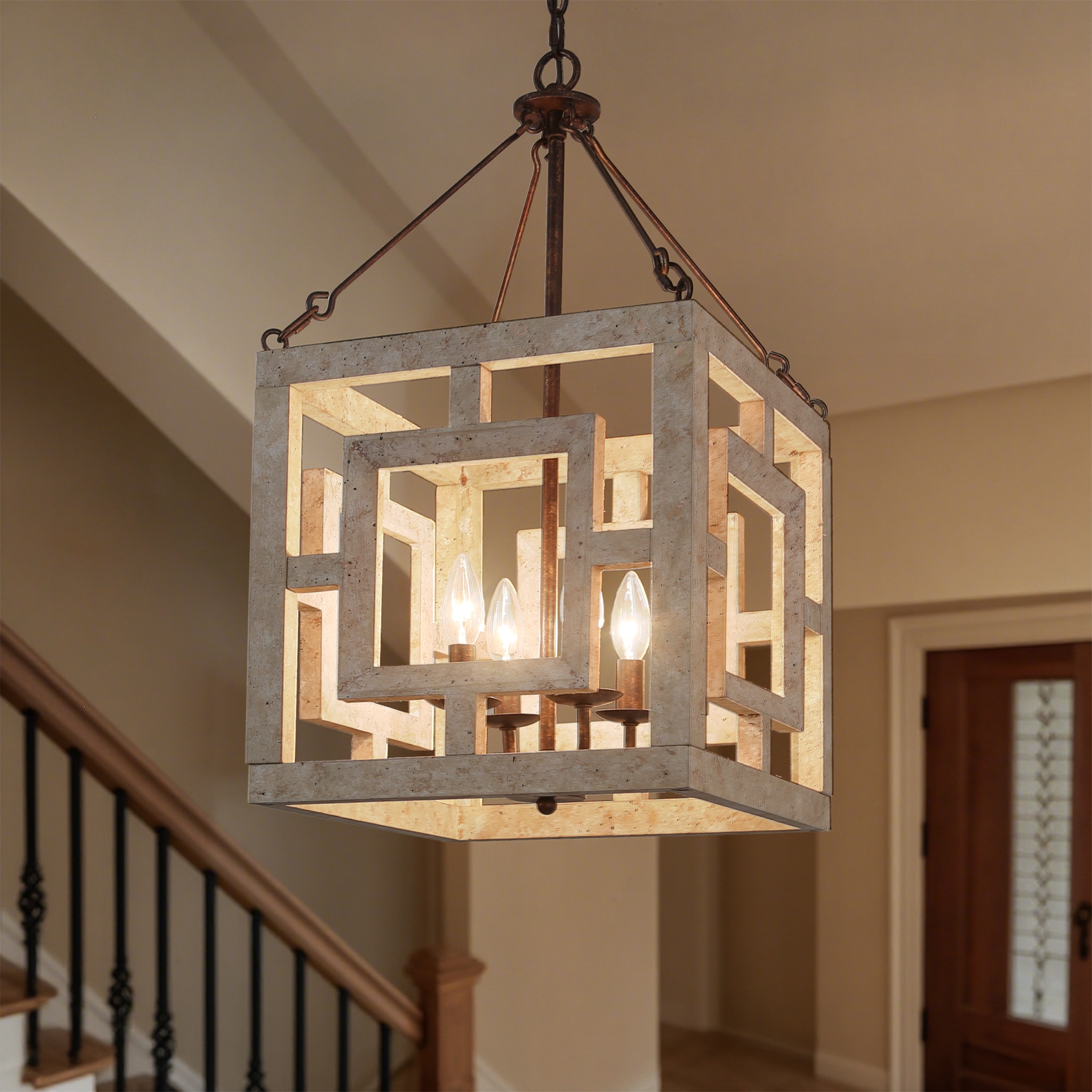LNC Quanit 4-Light White Wood and Rustic Bronze Modern/Contemporary ...