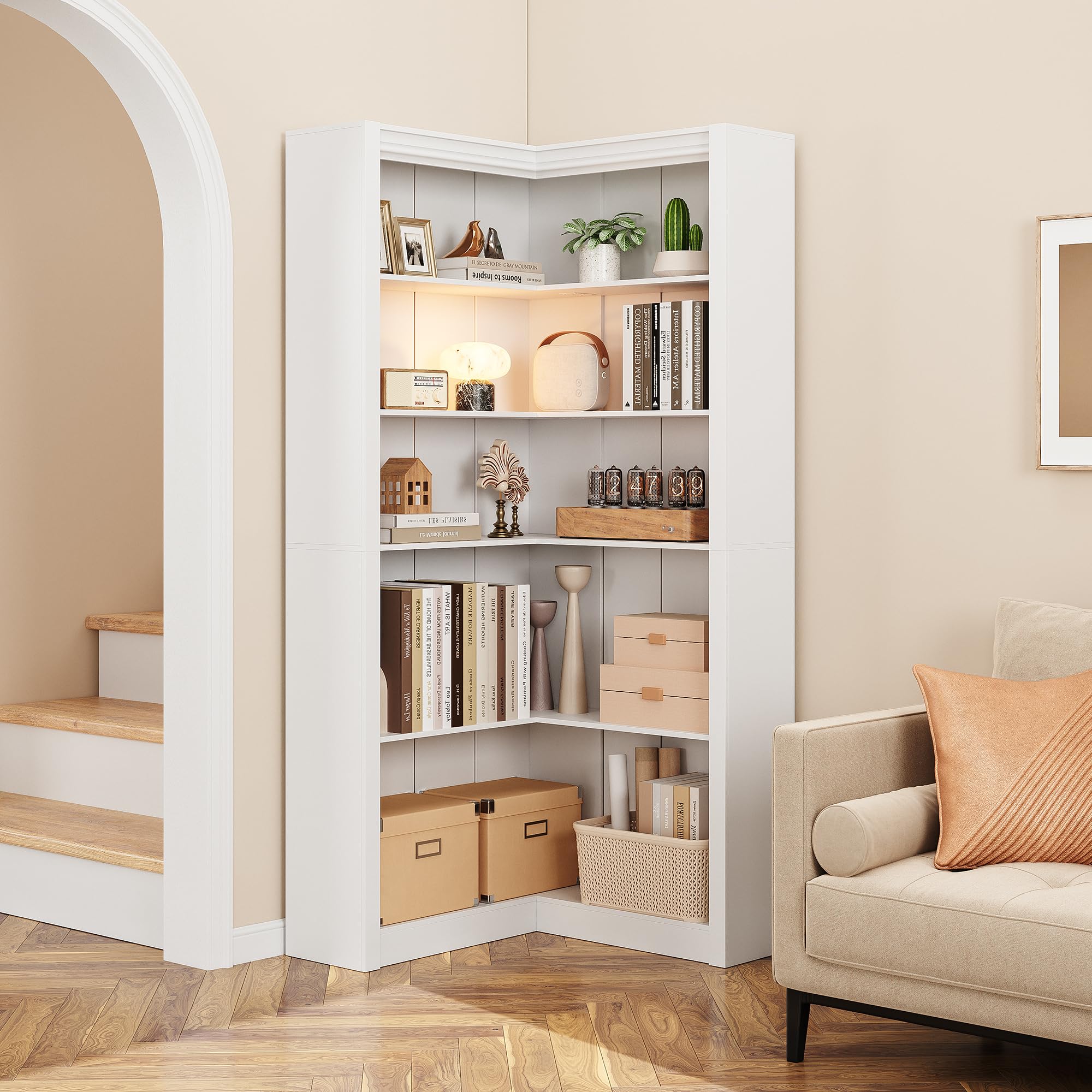 Garvee Farmhouse Corner Bookshelf 5 Tier L Shaped Bookcase for Bedroom ...
