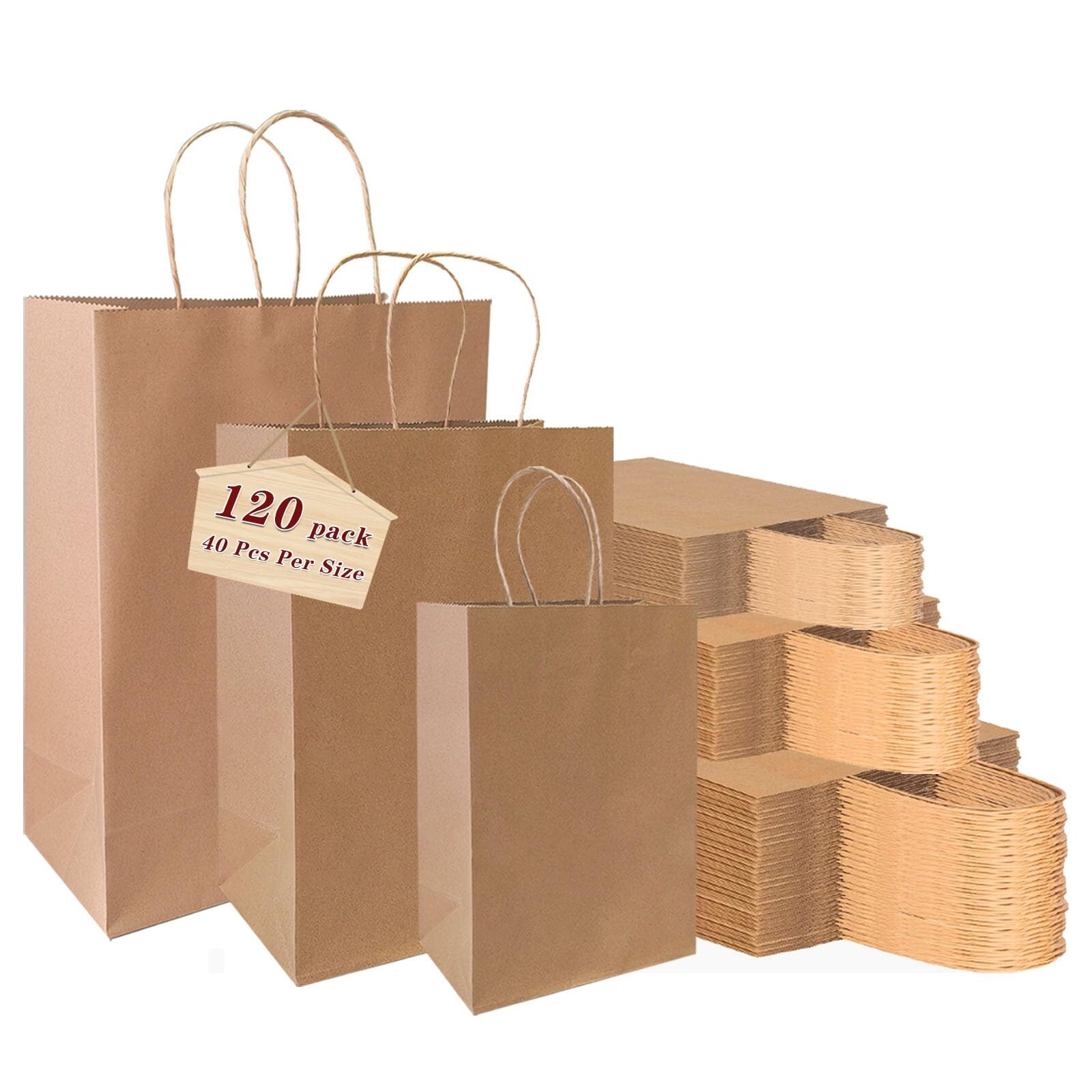 Afoxsos 120 Pack Kraft Paper Bags with Handles Assorted Sizes 5.2x3.5x8 ...