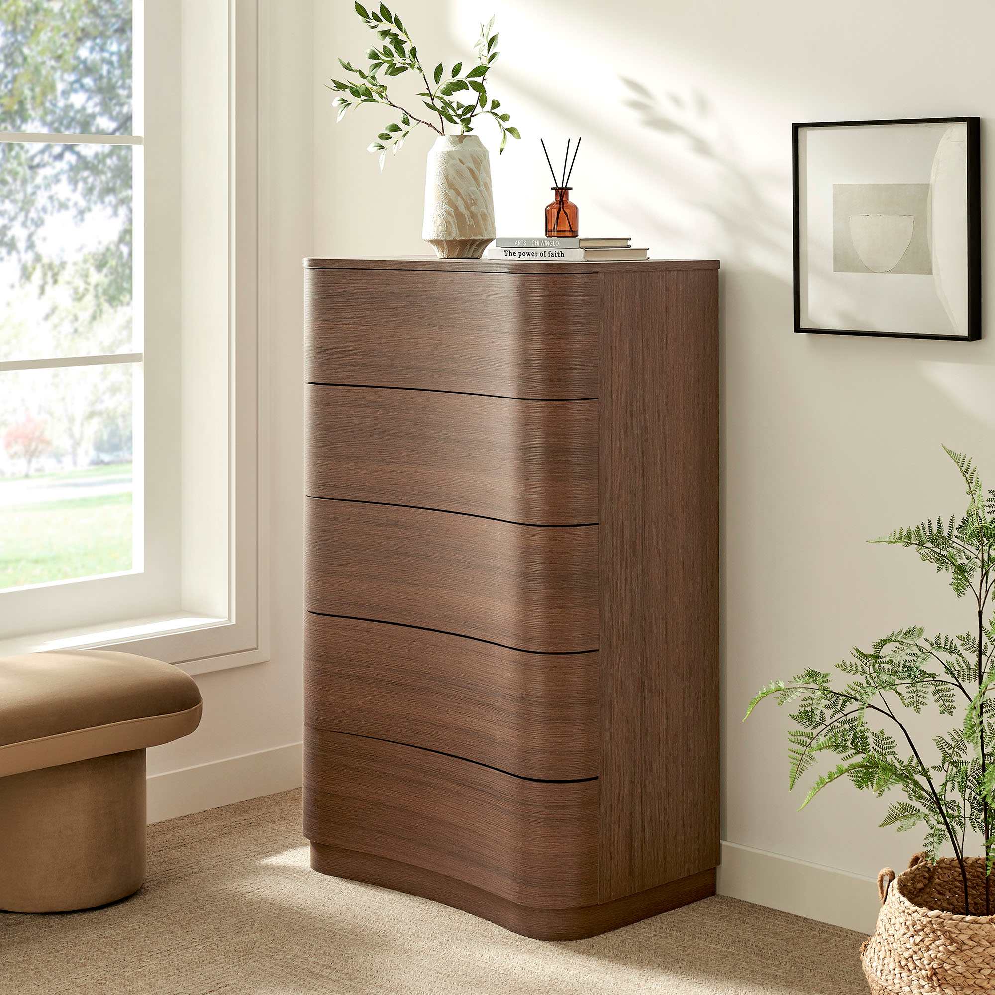 Modway Mirae 5-Drawer Curved Dresser Chest of Drawers in Brushed Brown ...
