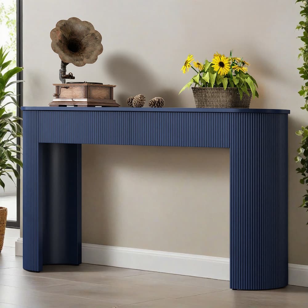 Coolbibila Blue Oval Console Table with Storage Fluted Drawers Modern ...