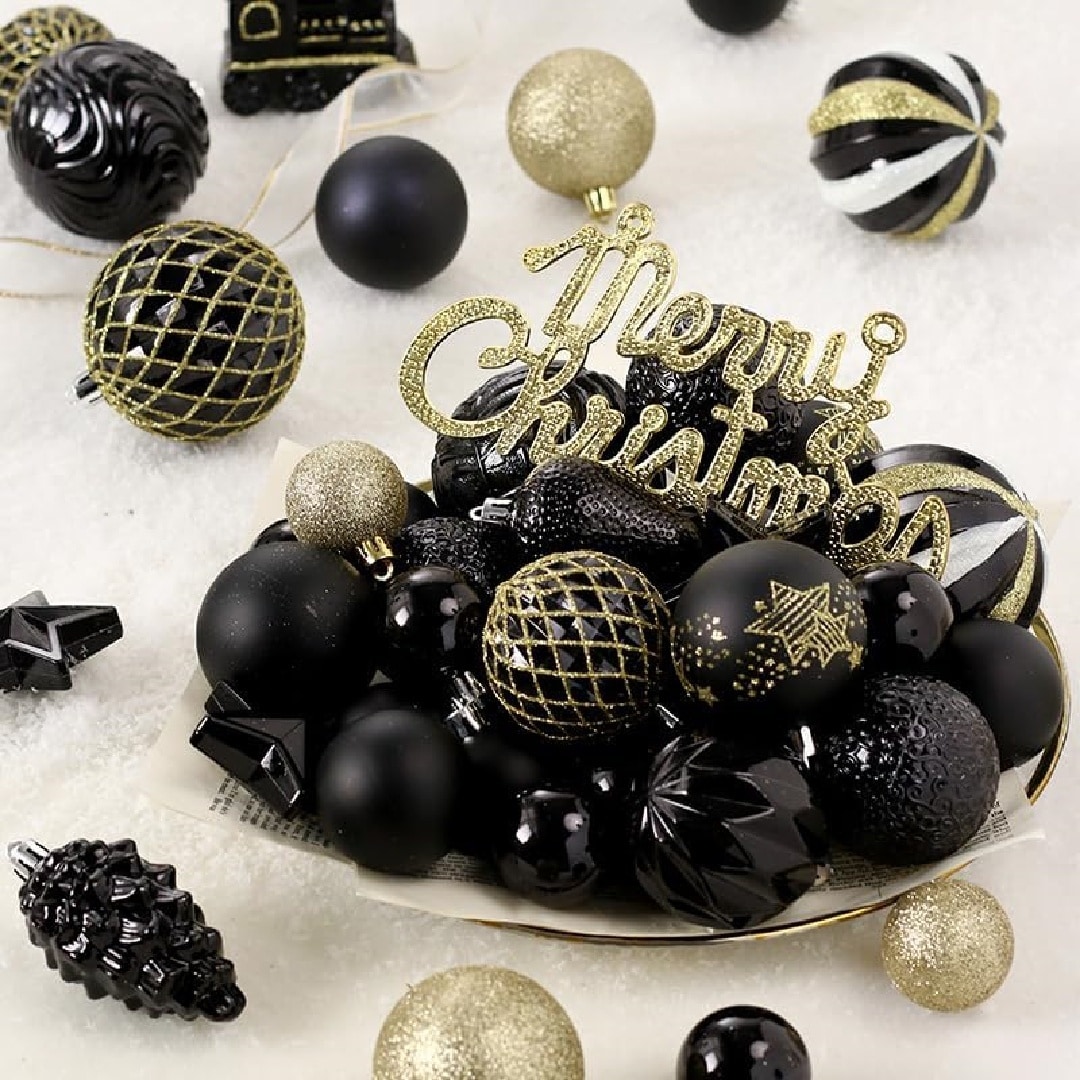 Garvee 65pcs black shatterproof Christmas ornaments set plastic holiday ...