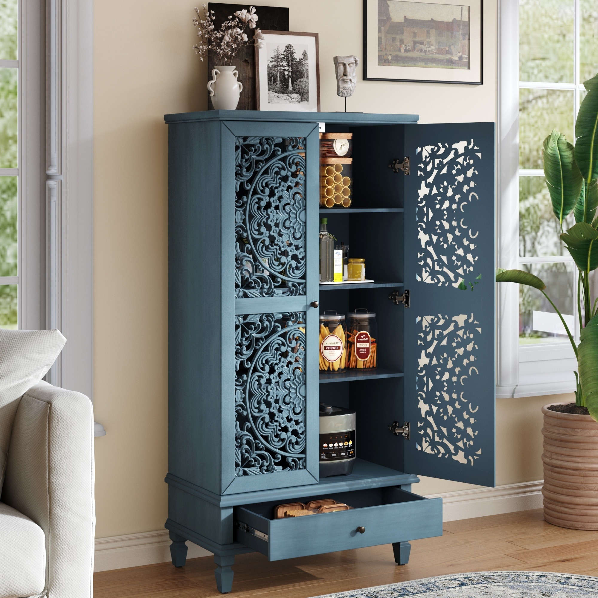 Horizons Prime 55 inch Antique Blue Solid Wood and MDF Tall Storage ...