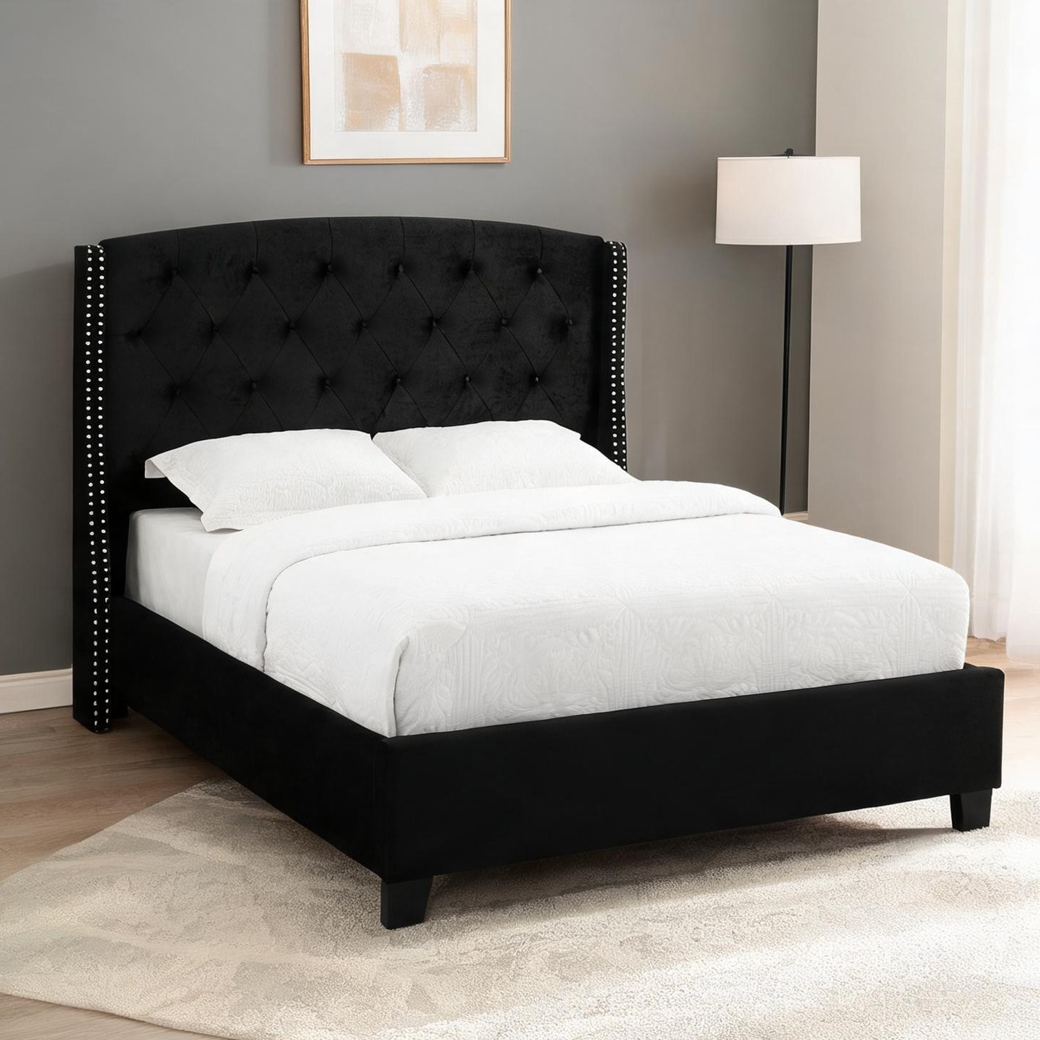 Naturefalls Deep black fabric upholstered king bed with wingback ...