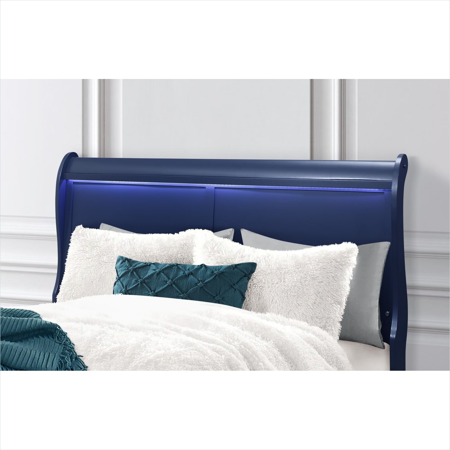 Watnature Twin Blue-Toned Sleigh Bed Frame with LED Lighting in Solid ...