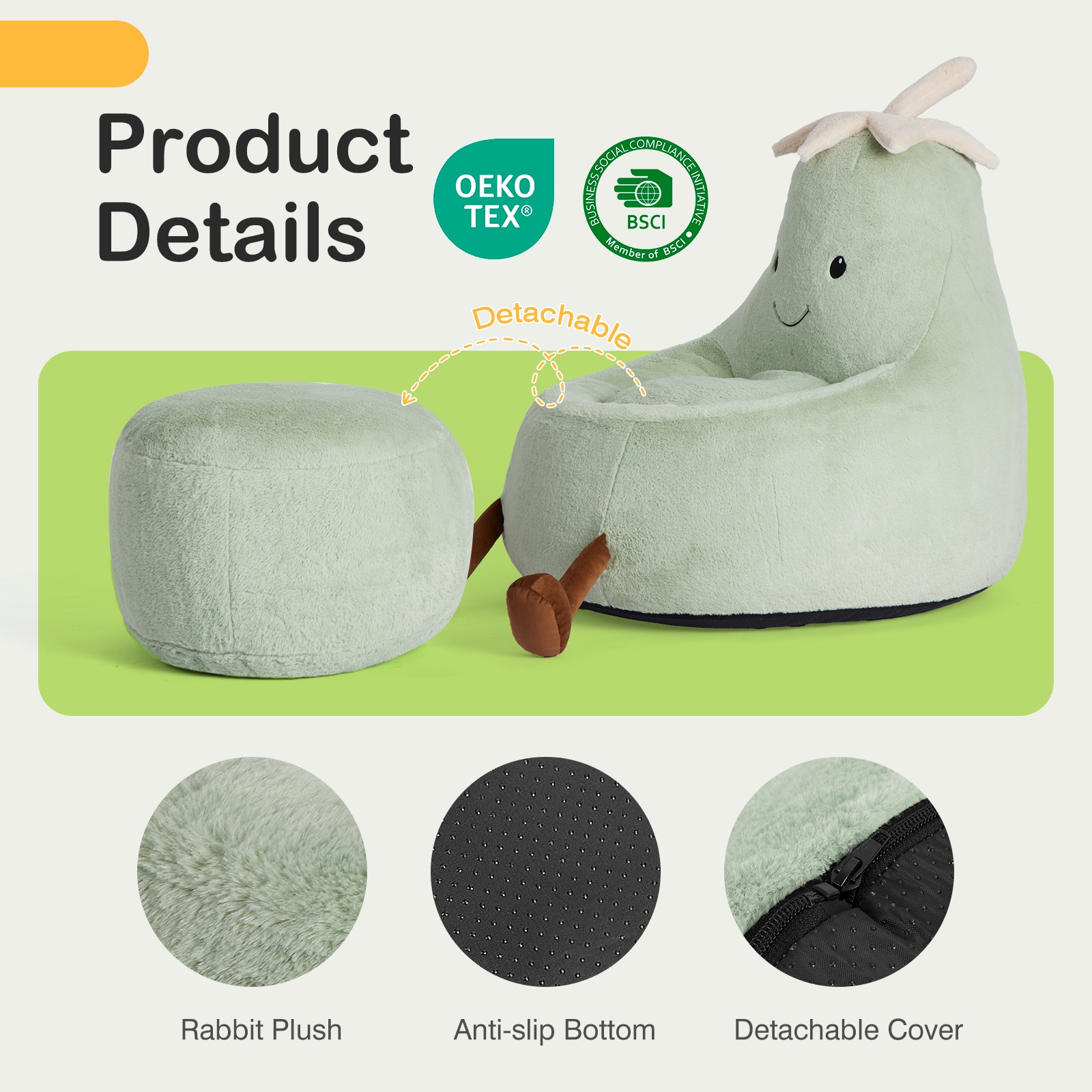 OOU 31 Inch Green Kids Faux Fur Bean Bag Chair Soft Ergonomic Lounge ...