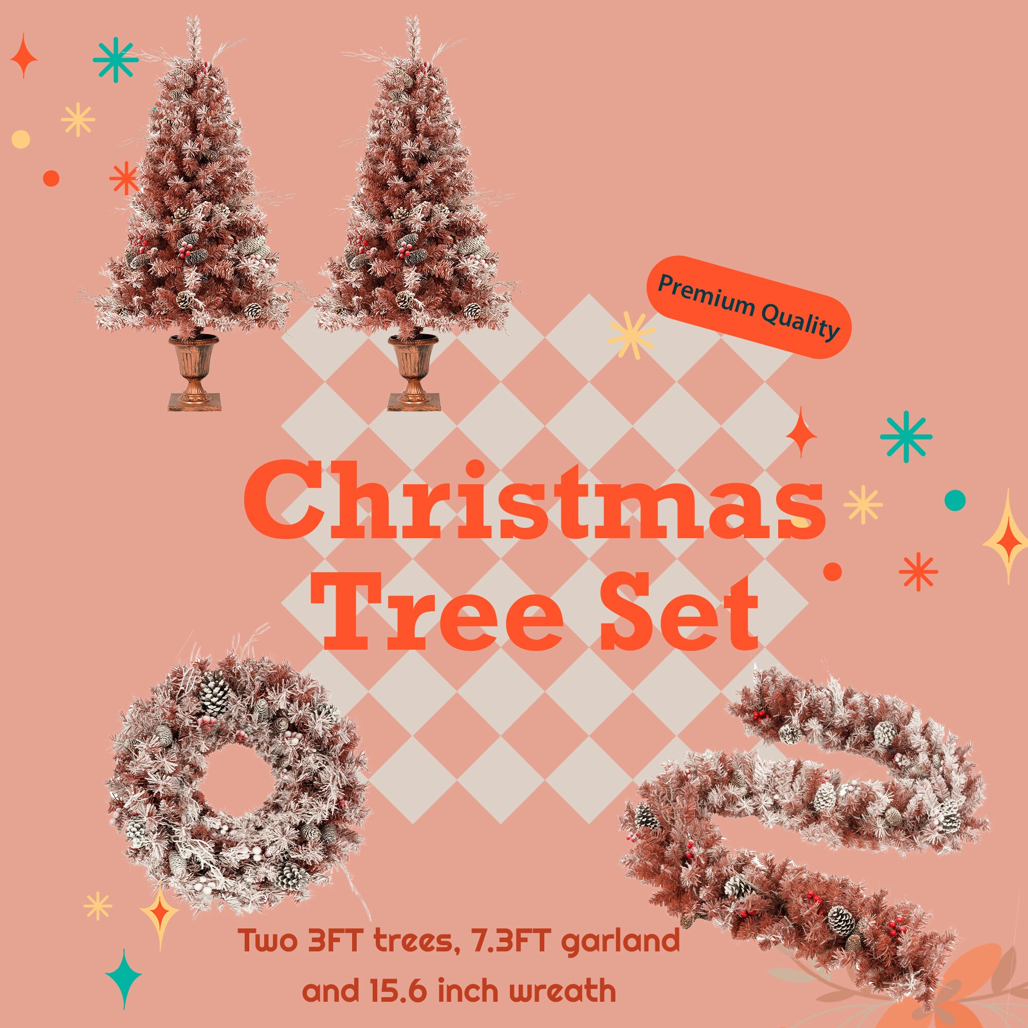 LOVMOR GO 4Pieces Artificial Christmas Tree Brown Needles Flocking Warm ...