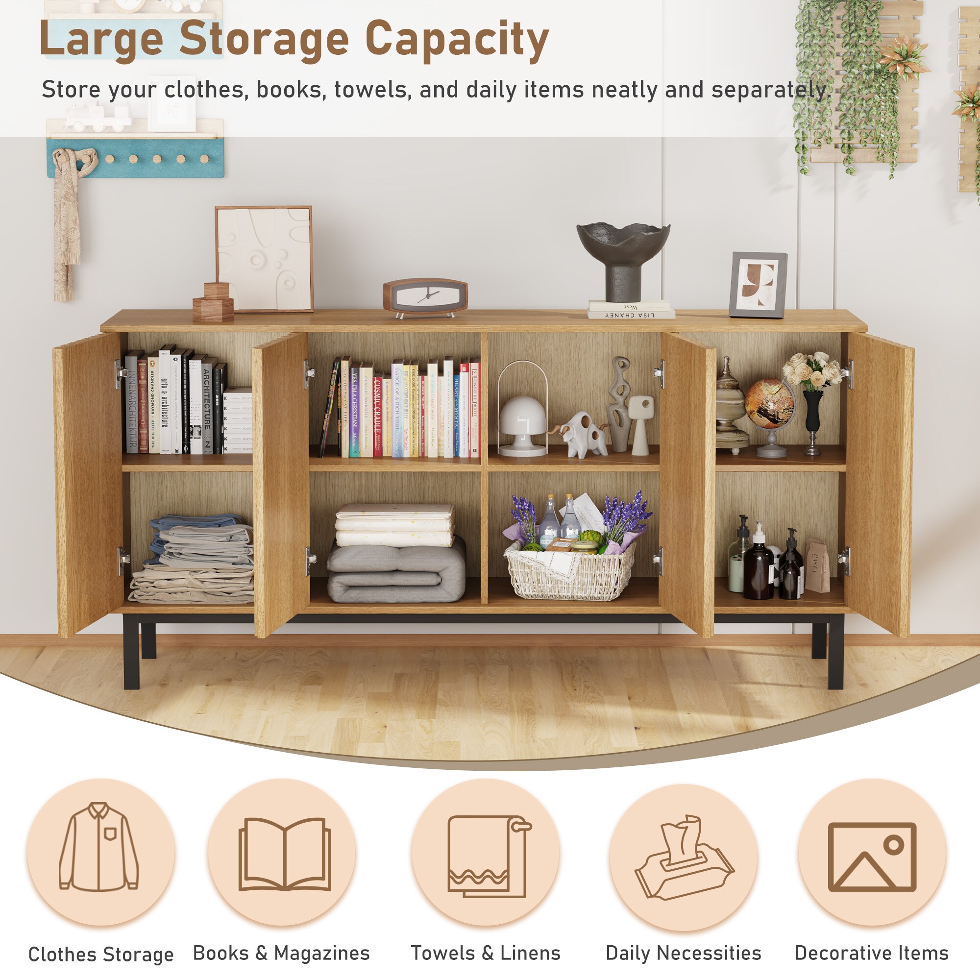 Qeetex Modern Sideboard Buffet Cabinet with 4 Fluted Doors and ...