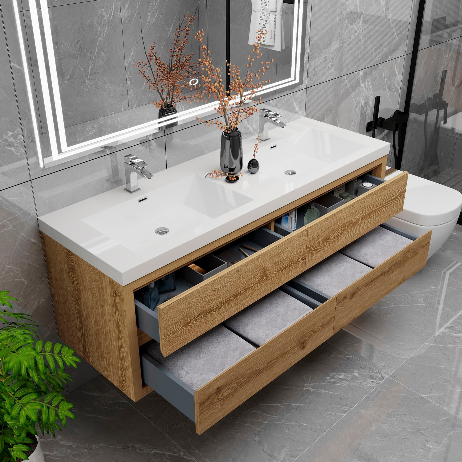 BV Better Vanity Louis 60-in Yellow Wood Double sink Floating Bathroom ...